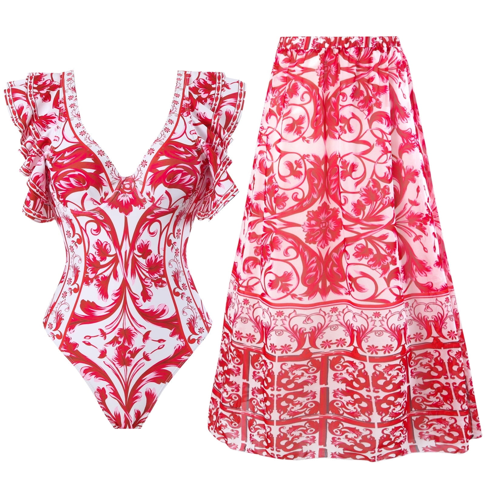 One-Piece Swimsuit Set with Chiffon Cover-Up Dress for Hot Springs ...