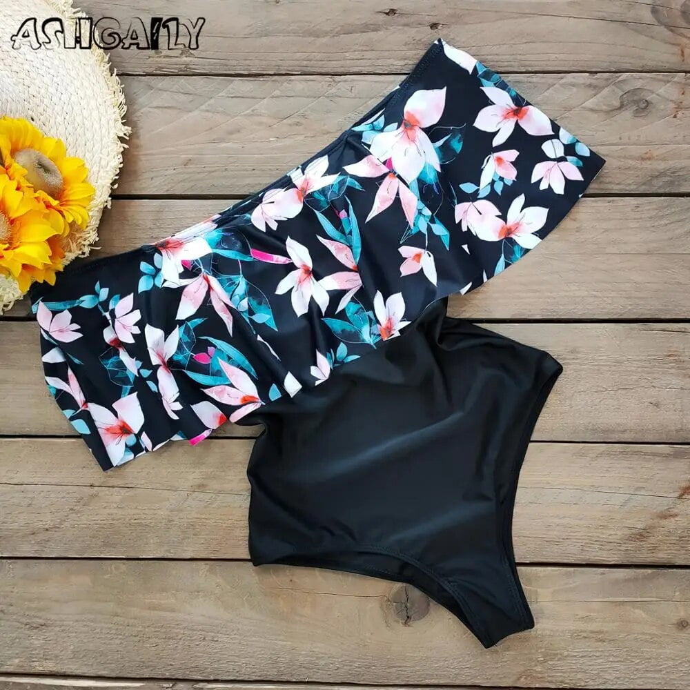 One Piece Swimsuit Swimwear Women Print Ruffle Swimsuit Bodysuit ...