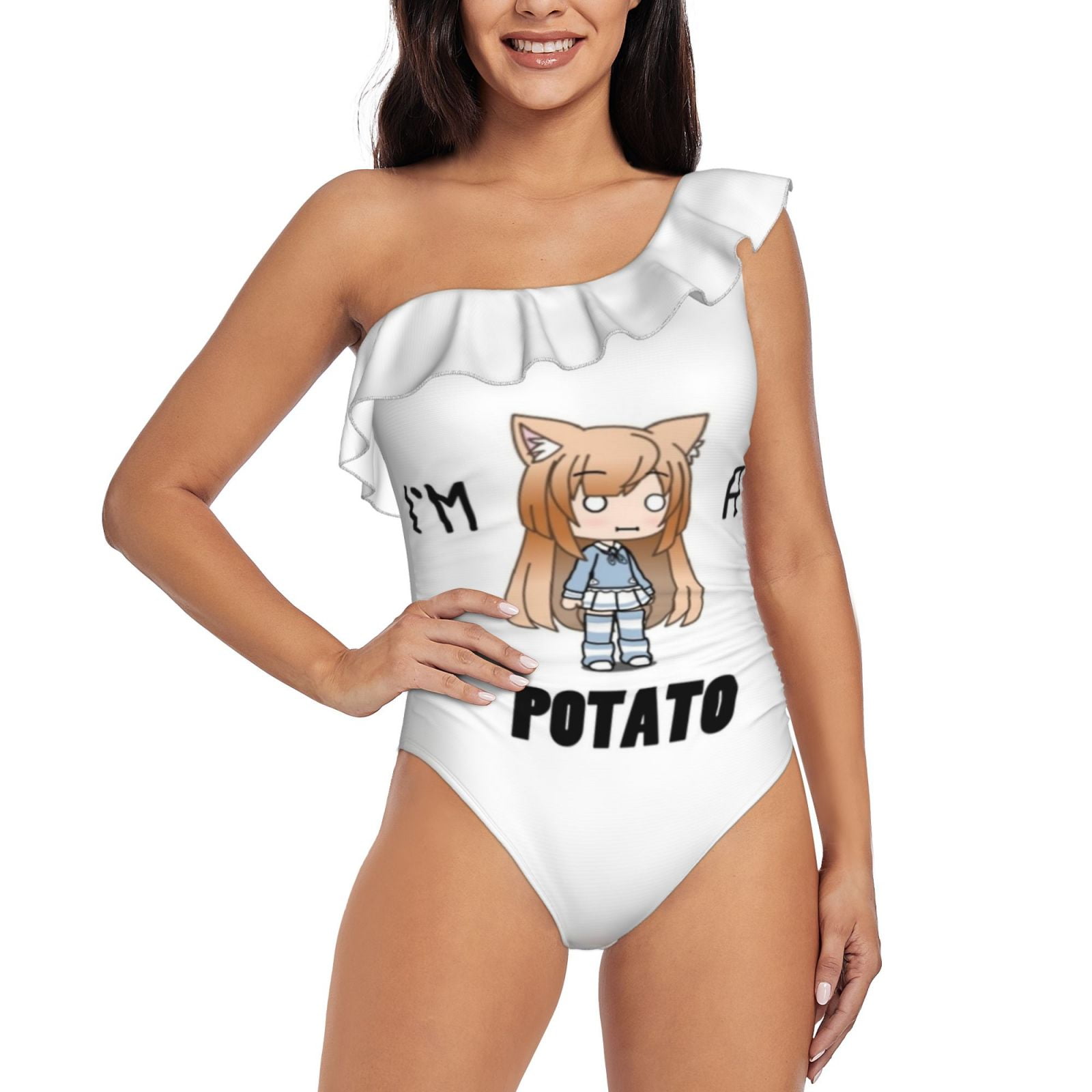 One Piece Swimsuit Women 2024 Potato Gacha Monokini New Ruffle Female Sexy Swimwear Print