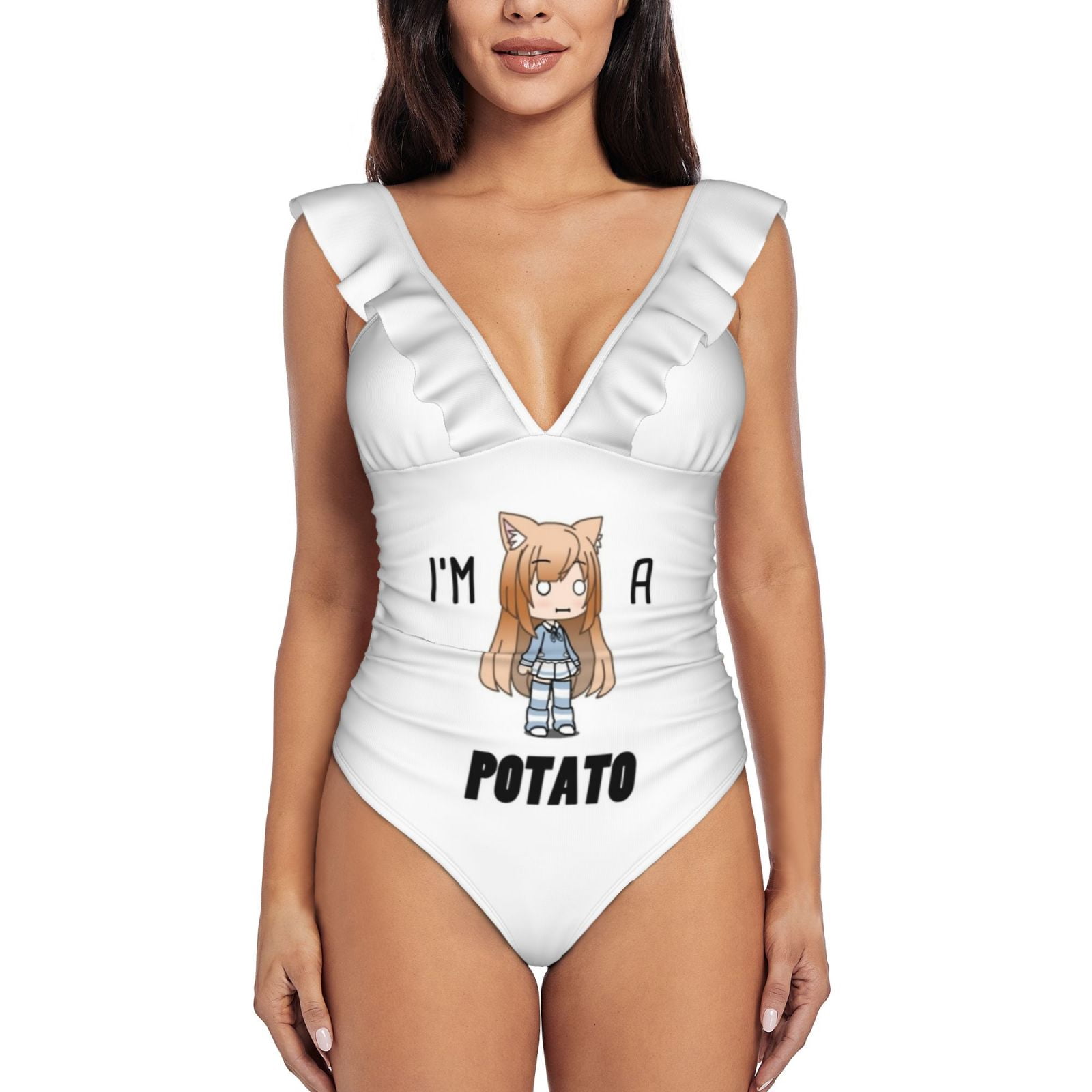 One Piece Swimsuit Women 2024 Potato Gacha Monokini New Ruffle Female Sexy Swimwear Print