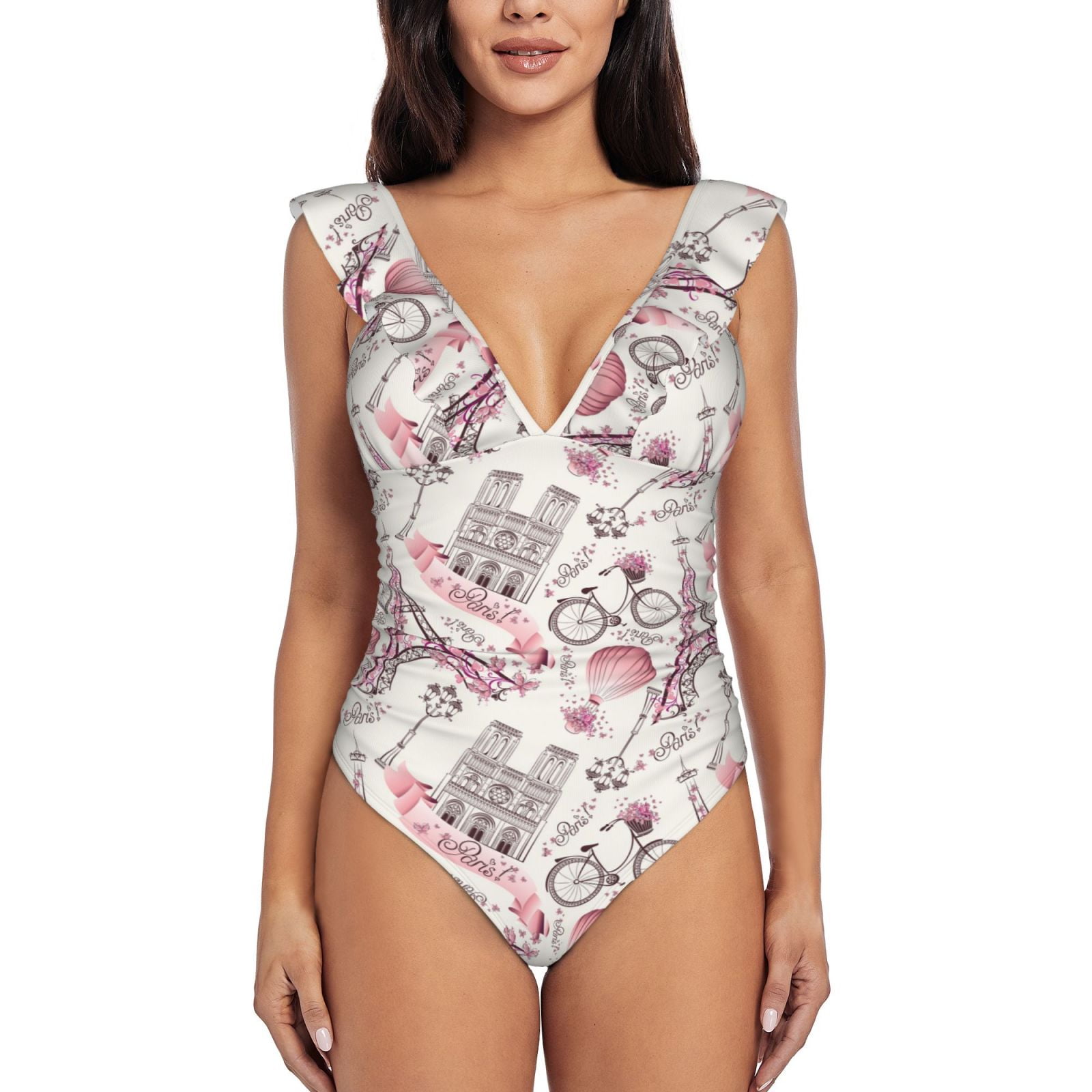 One Piece Swimsuit Women, Eiffel Tower Artistic Ruffled Tummy Control ...