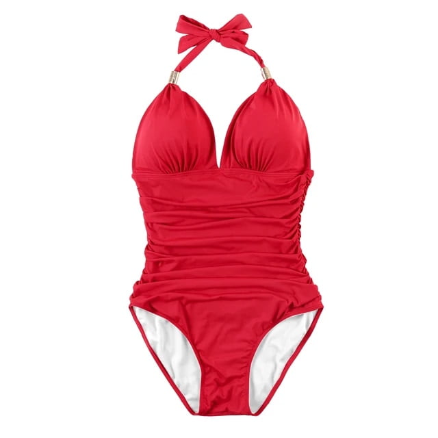 One Piece Swimsuit Women Solid Bathing Suit Halter Bodysuit Push Up ...