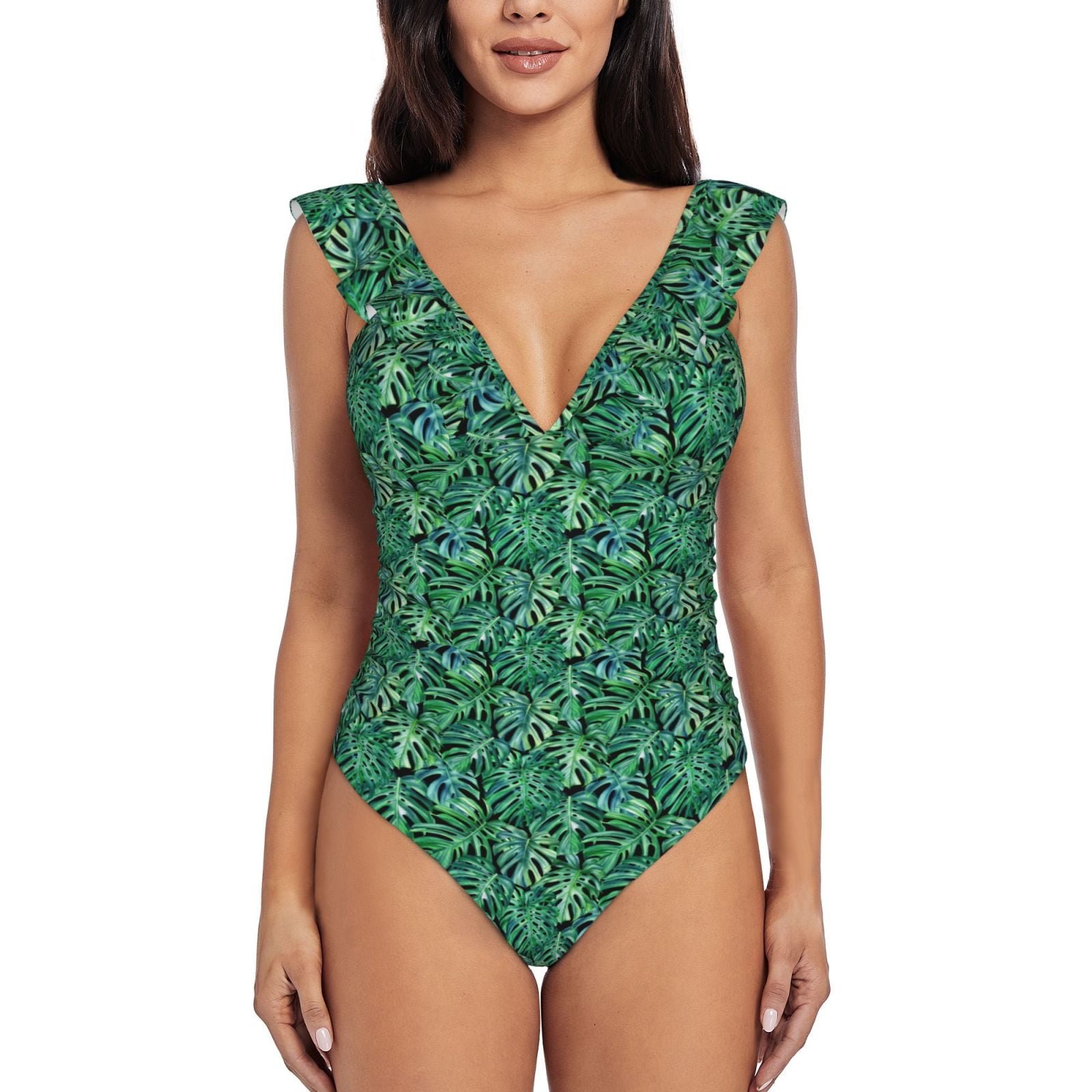 One Piece Swimsuit Women Tummy Control, Monstera Leaves Ruffle V Neck Swimwear, Bathing Suit For ...