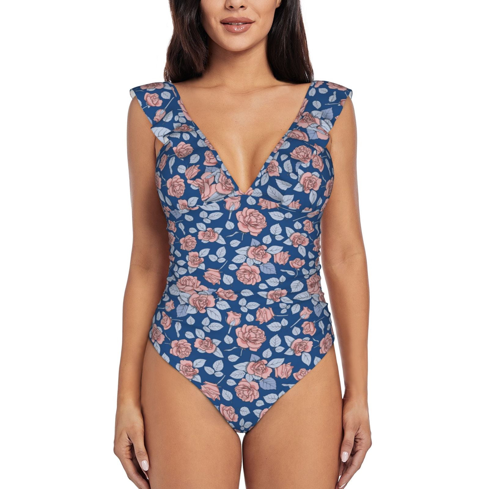One Piece Swimsuit Women Tummy Control, Rose Flowers Leaves Ruffle V Neck Swimwear, Bathing Suit ...