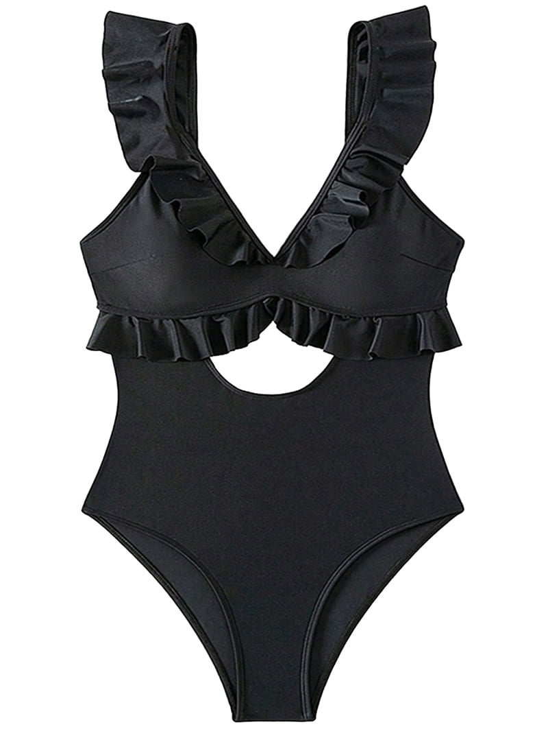 One Piece Swimsuit for Women Tummy Control Ruffle Bathing Suit V Neck ...