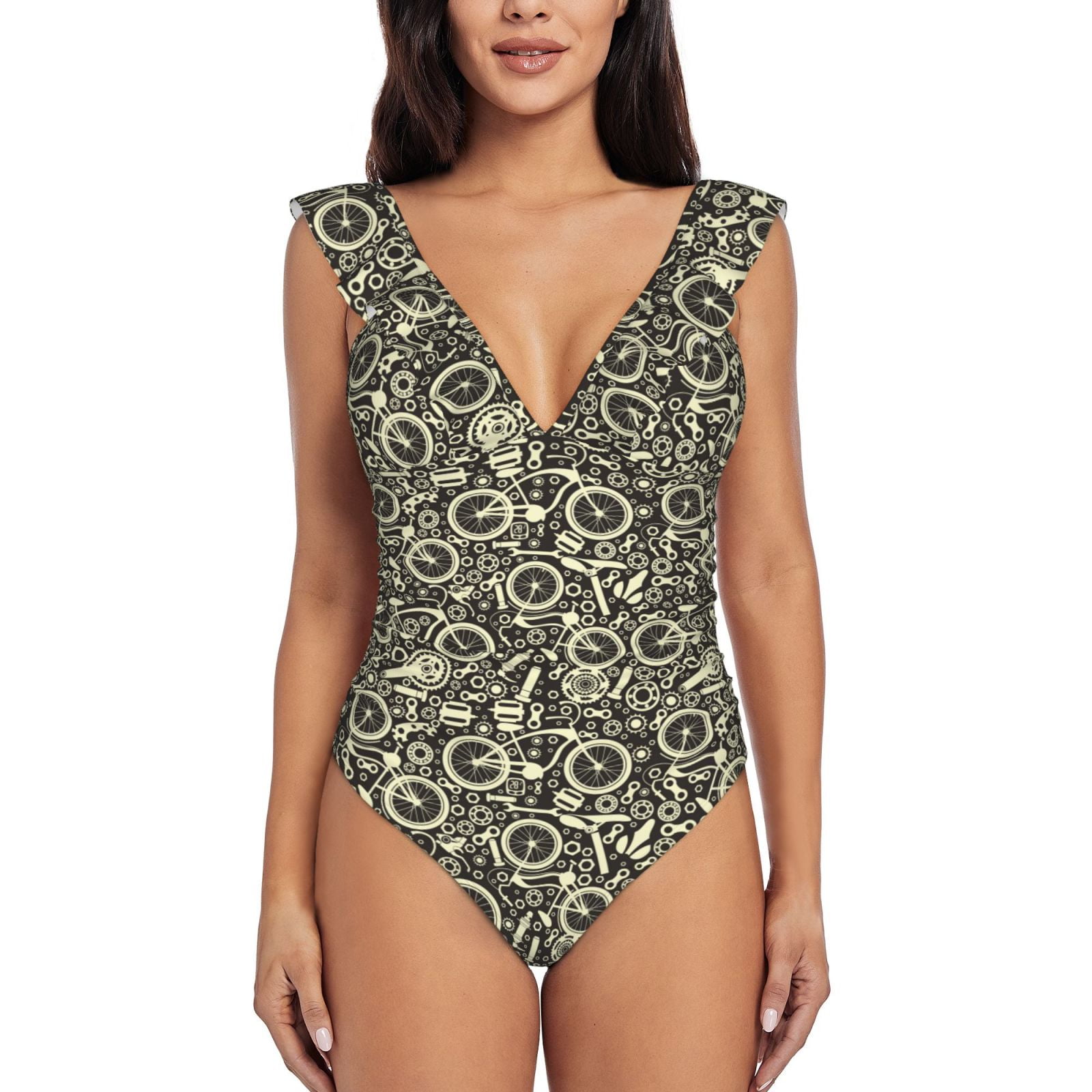 One Piece Swimsuits Women Tummy Control, Bike Fancy Pattern Bathing Suit V Neck Ruffle Swimsuits ...