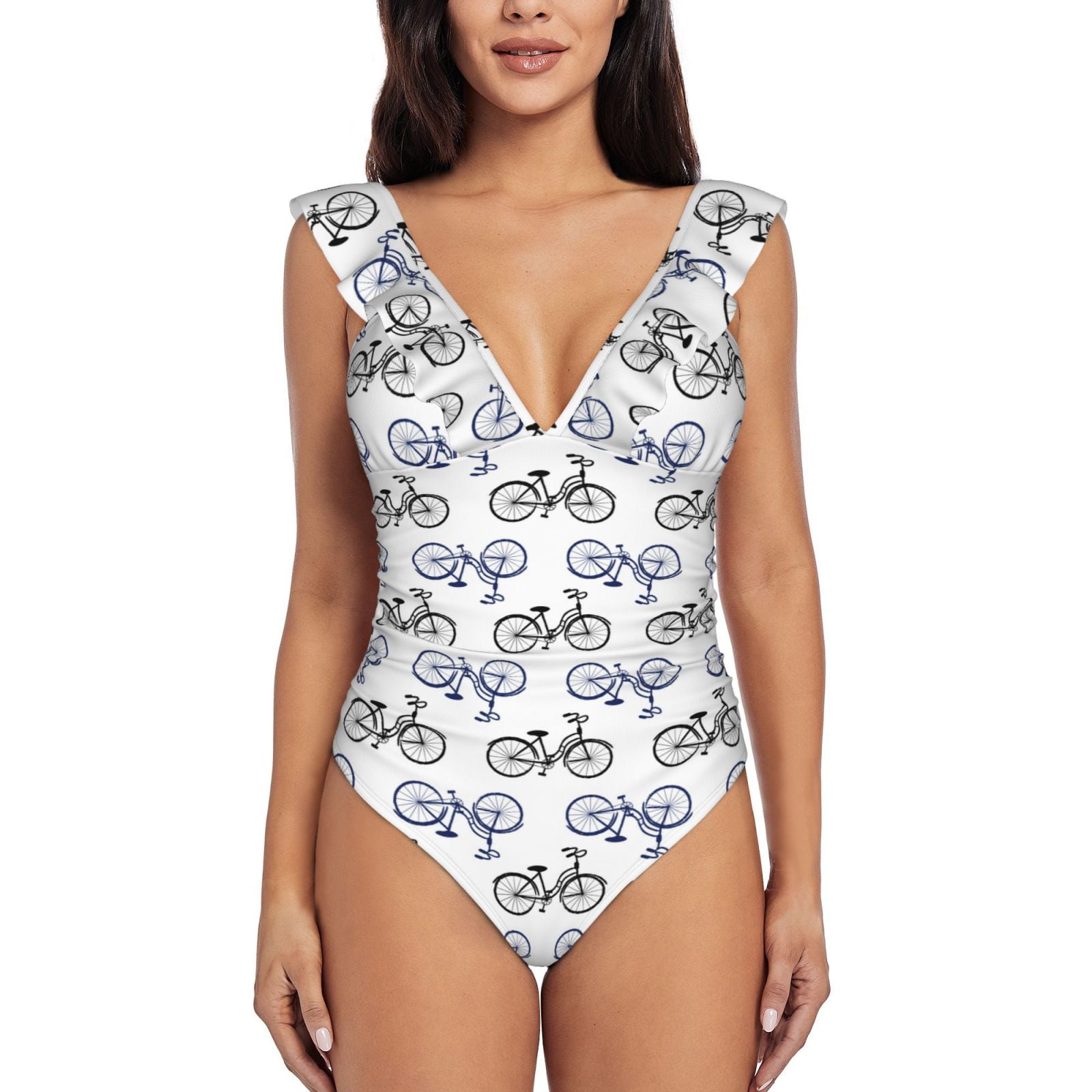 One Piece Swimsuits Women Tummy Control, Black Blue Bike Bathing Suit V Neck Ruffle Swimsuits ...