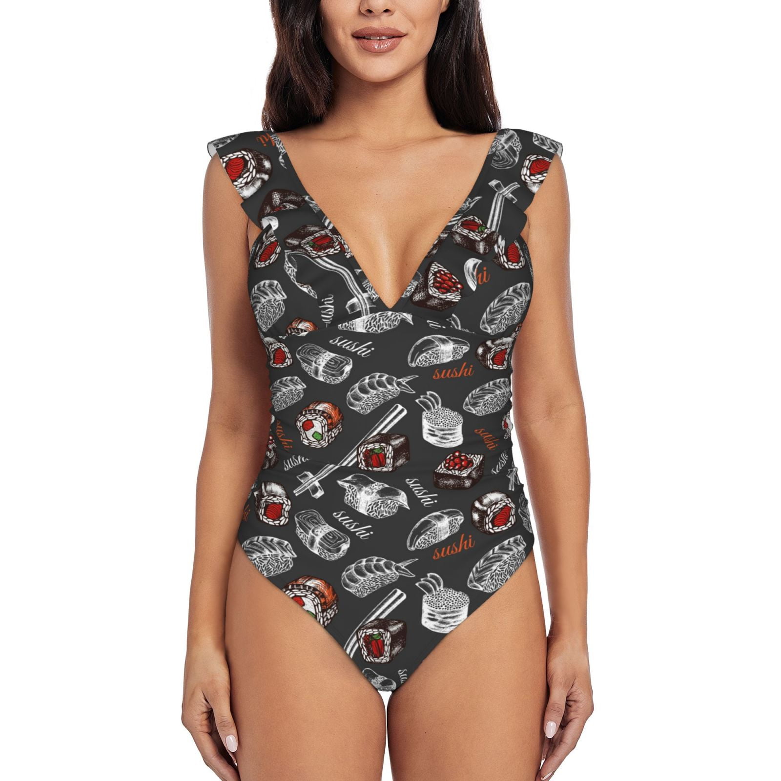 One Piece Swimsuits Women Tummy Control, Japanese Sushi Hashi Bathing Suit V Neck Ruffle ...