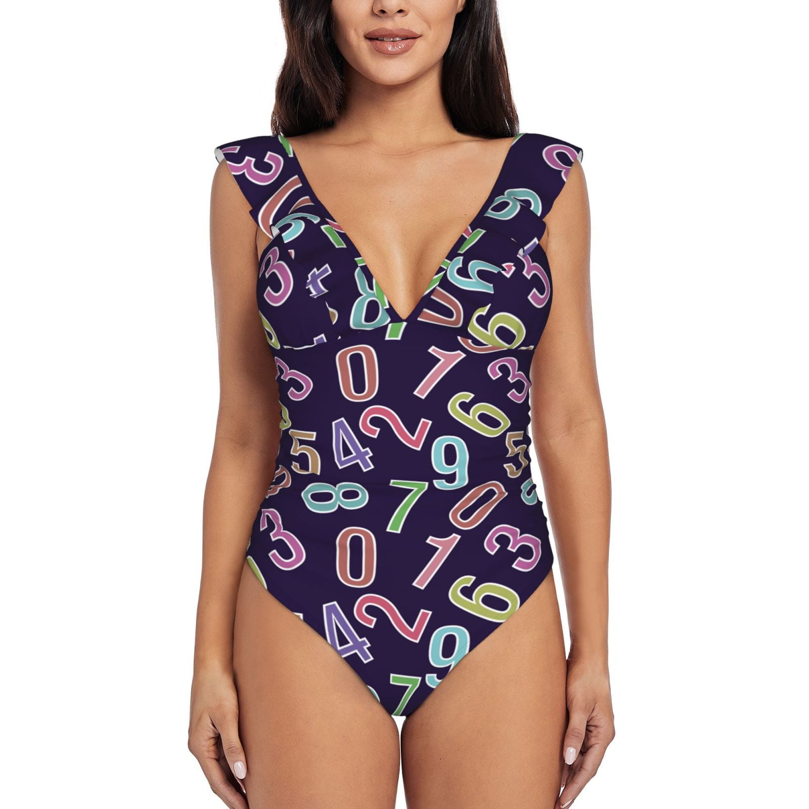 One Piece Swimsuits Women Tummy Control, Math Numbers Color Bathing Suit V Neck Ruffle Swimsuits ...