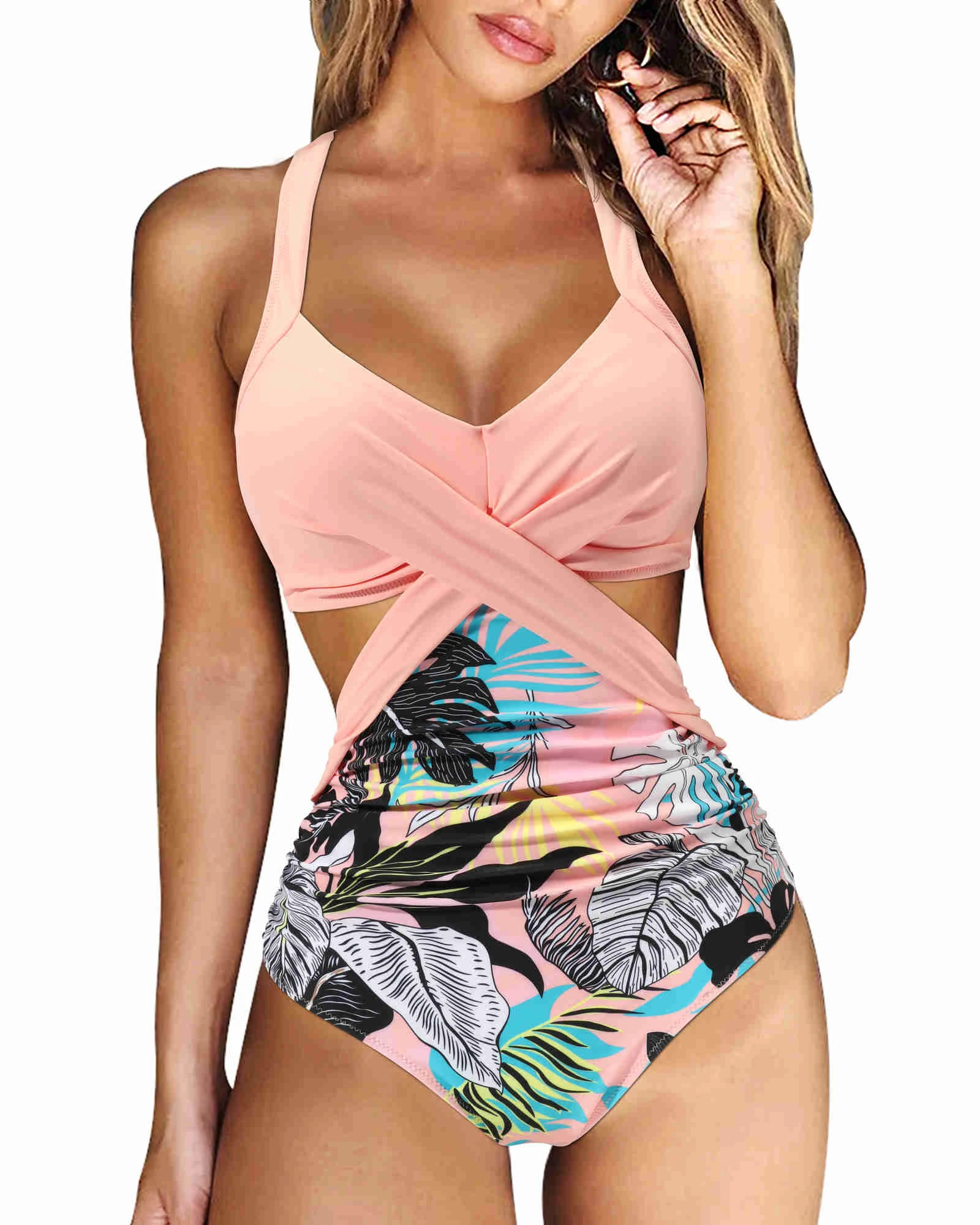 One Piece Tankini Swimwear 2023 New Solid Halter Plus Size Brazil Beach Push-Up Bathing Suit ...