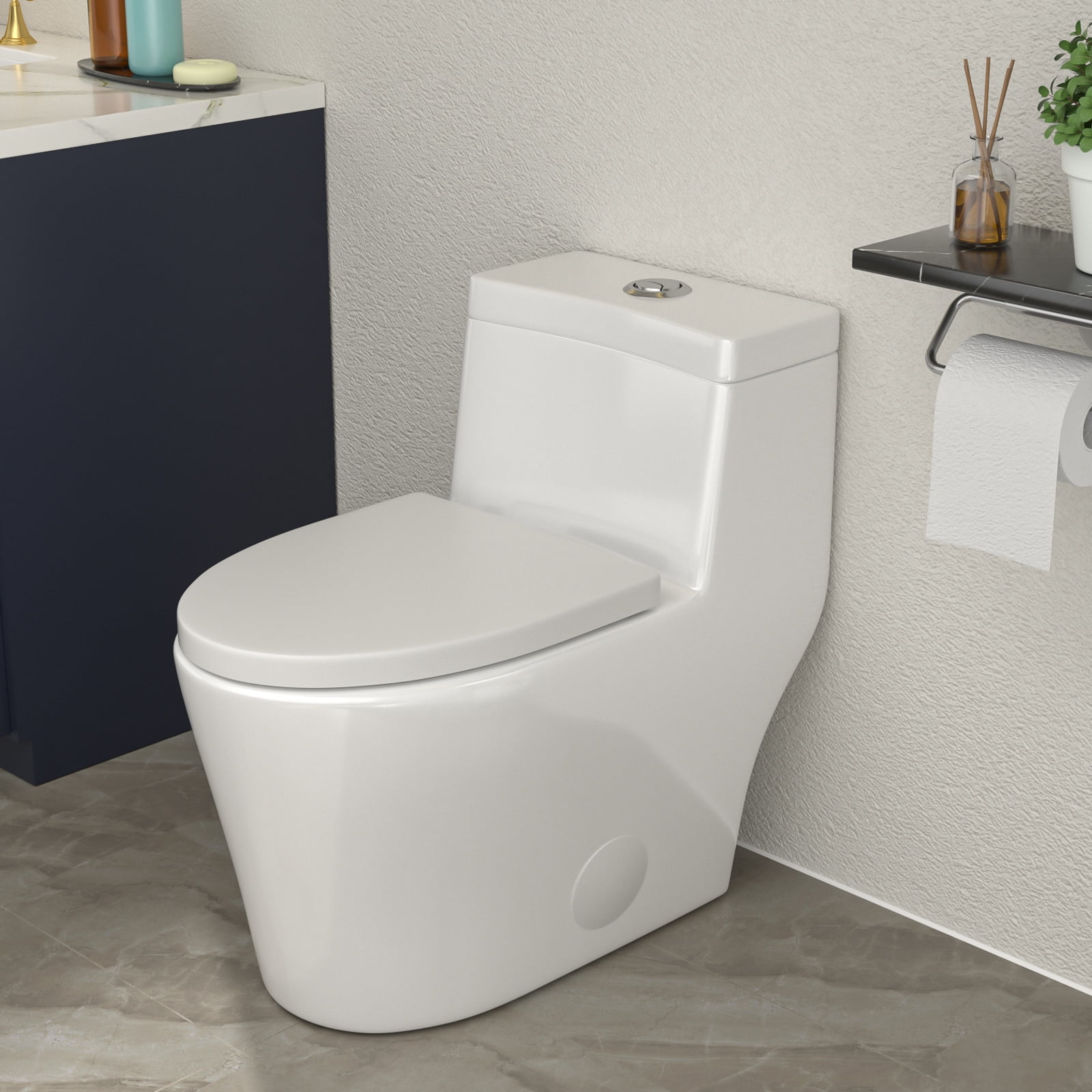 One-Piece Toilet Dual Flush Design ADA Height 15 3/4 Inch 1.1/1.6 GPF Soft Close Toilet Seat 12 ...