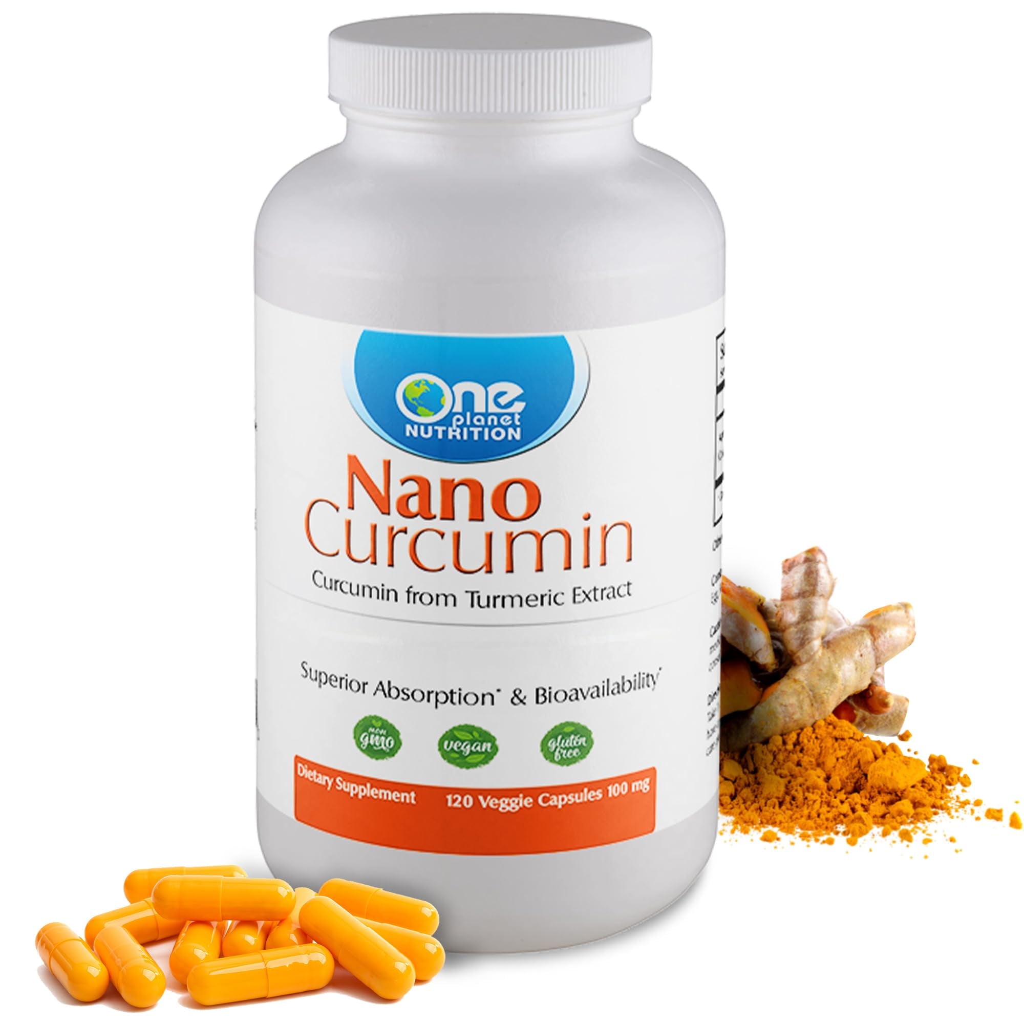 One Planet Nutrition Nano Curcumin 100 mg Veggie Capsules (120 Servings), Turmeric Extract, Nano ...