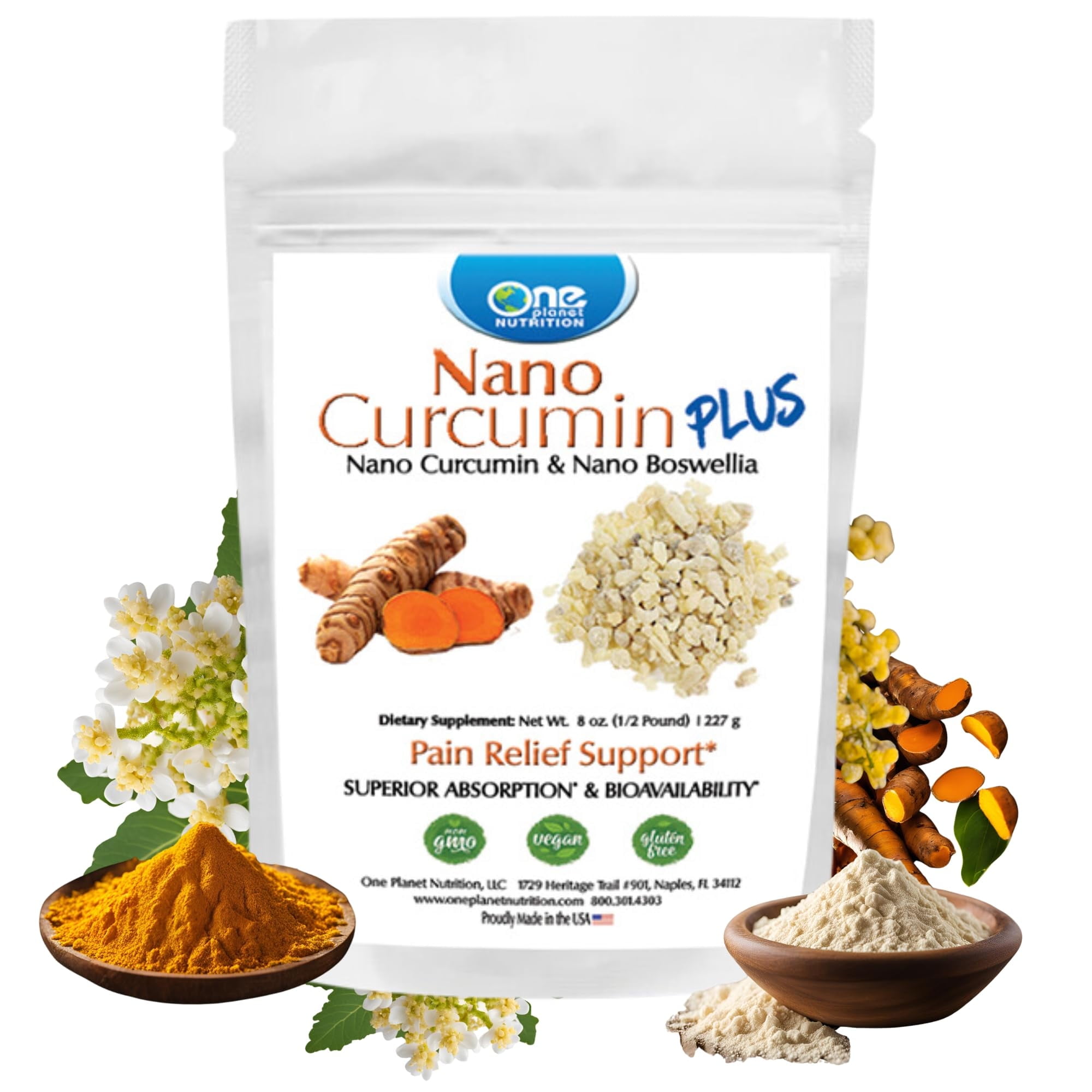 One Planet Nutrition Nano Curcumin Plus Powder 8 oz (227 Servings), Turmeric and Boswellia ...