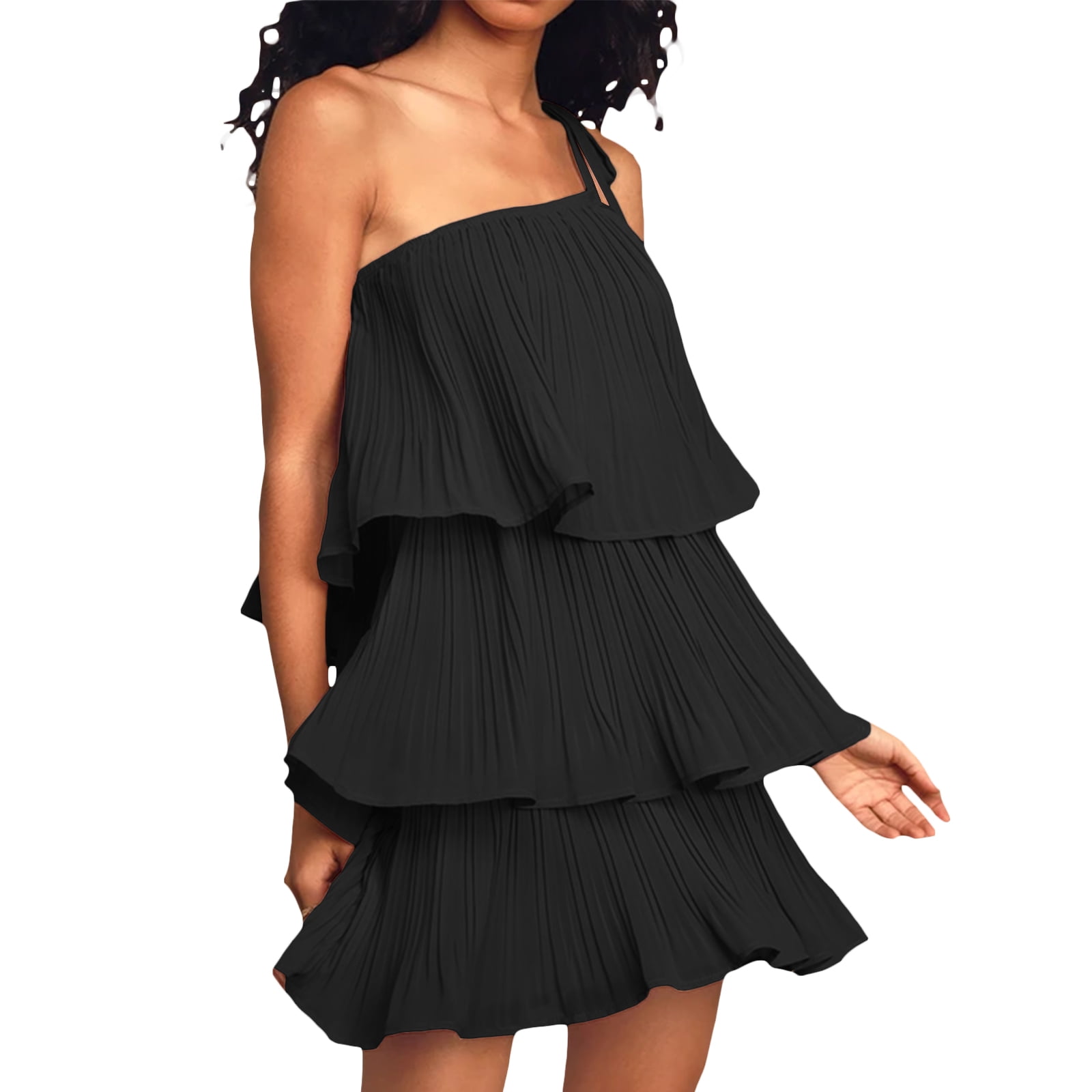 One Shoulder Pleated Mini Sundress for Women 2023 Summer Sleeveless ...