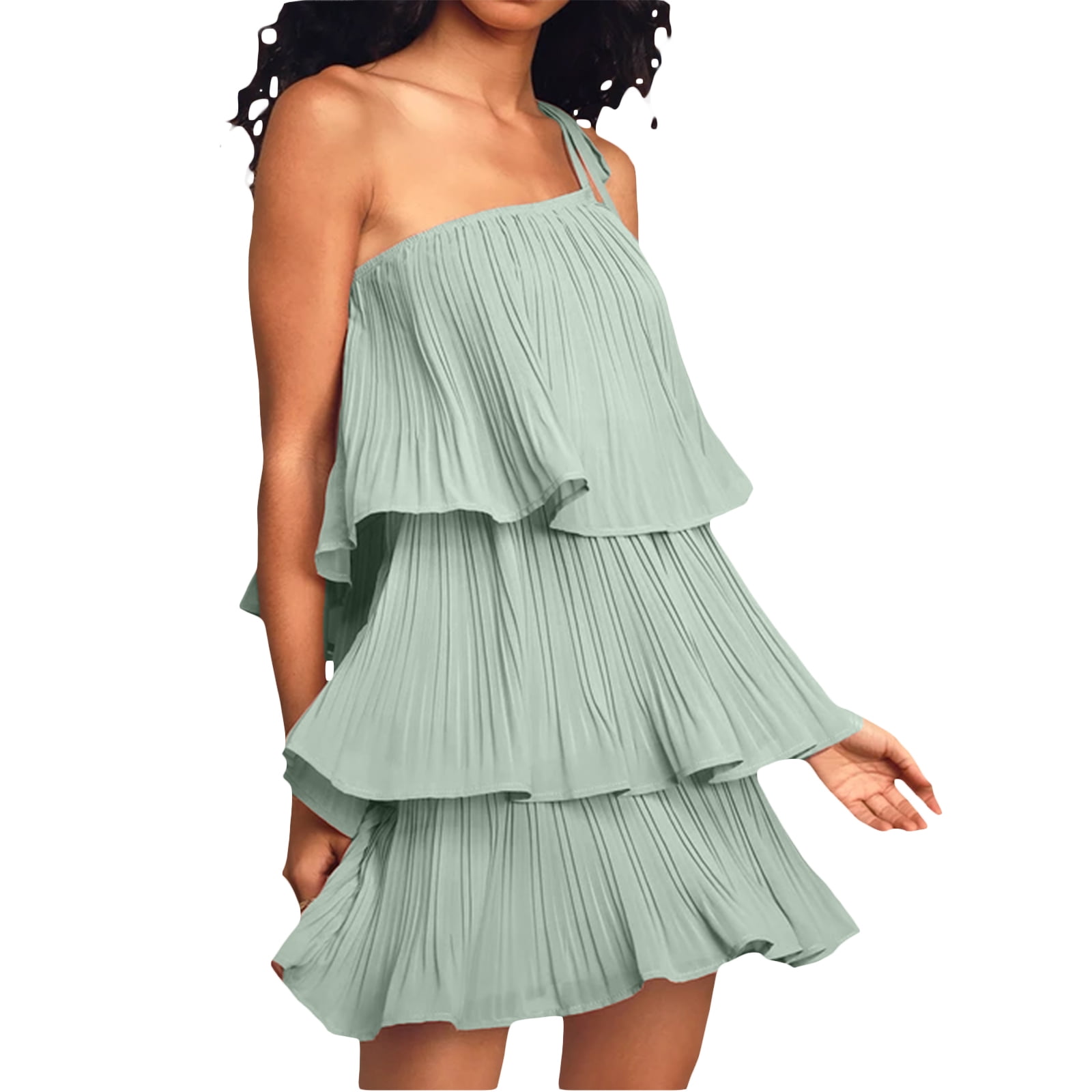 One Shoulder Pleated Mini Sundress for Women 2023 Summer Sleeveless Layered Ruffle Tiered ...