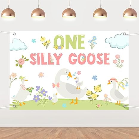 One Silly Goose Backdrop Banner 4.92*3.28ft Pink Green Goose Theme 1st ...