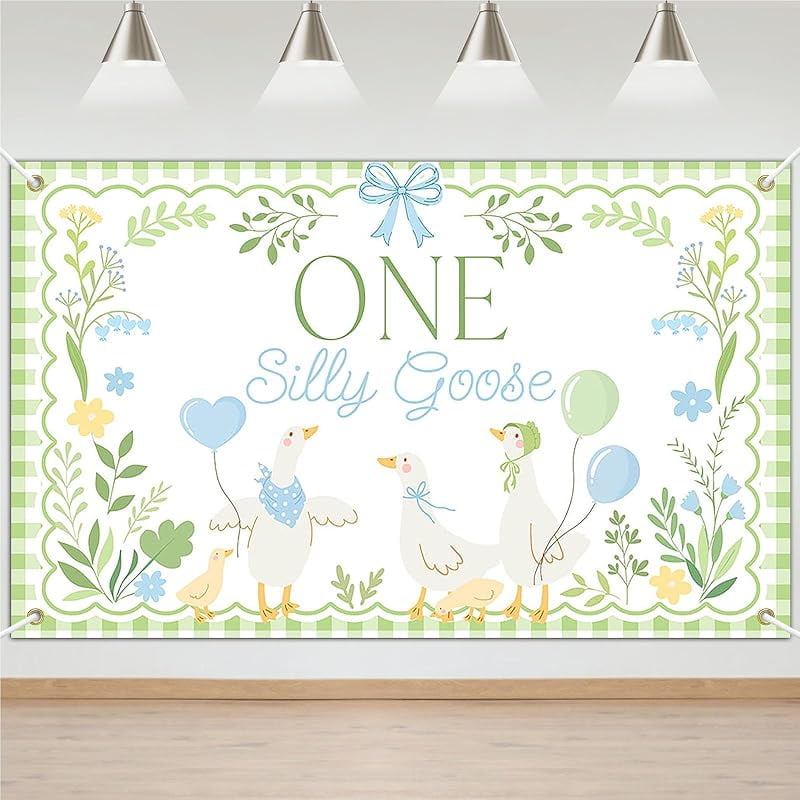 One Silly Goose Backdrop Banner for Kids Green Goose 1st Birthday Party ...