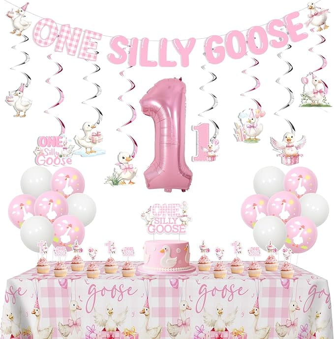 One Silly Goose Birthday Decor Girl Pink One Silly Goose Banner Hanging ...