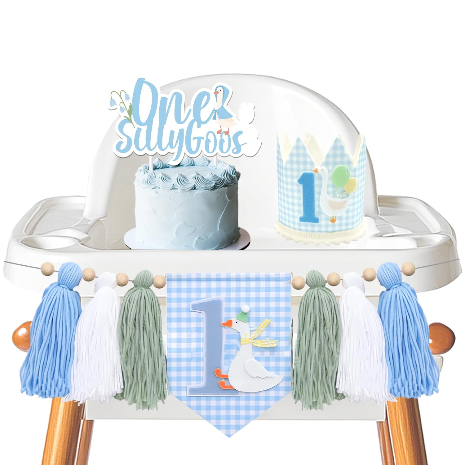 One Silly Goose CORNET High Chair Banner Boy Blue Gingham Tassel Banner with Birthday Hat & Cake ...