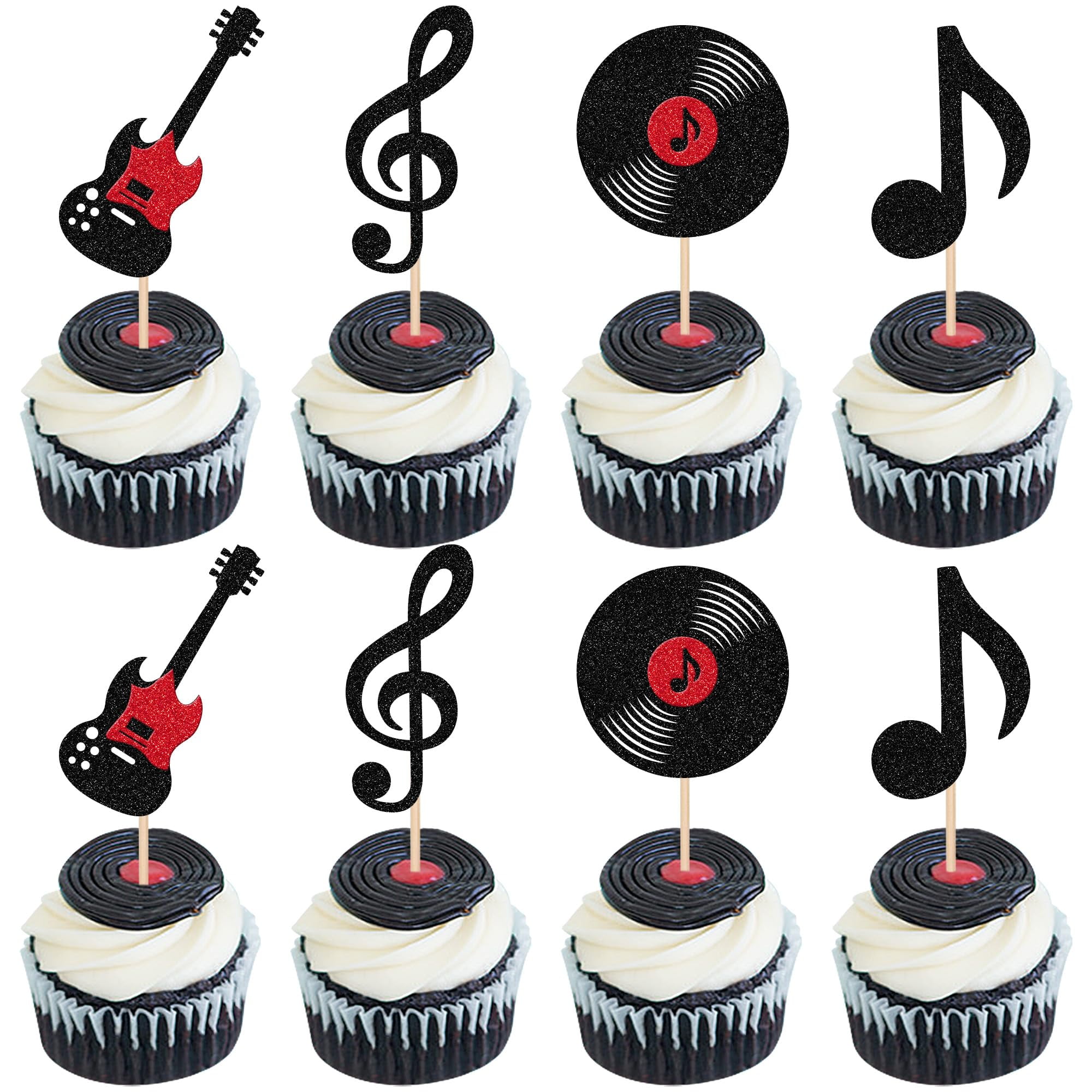 24 PCS Music FEV6 Notes Cupcake Toppers Glitter Guitar Cupcake Picks ...