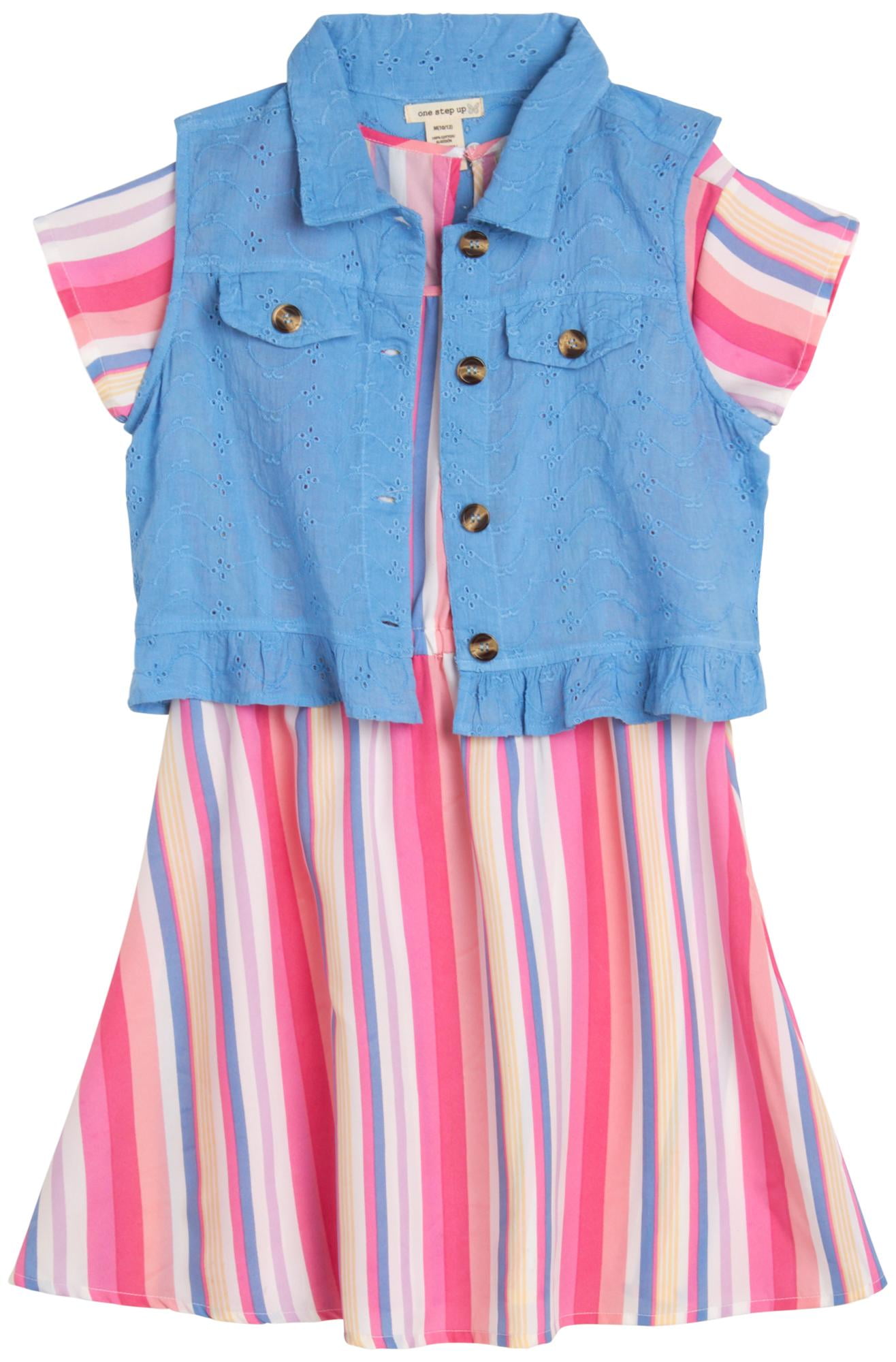 One Step Up Pretty Fancy Girls' Dress Set - 2 Piece Woven Eyelet Vest ...