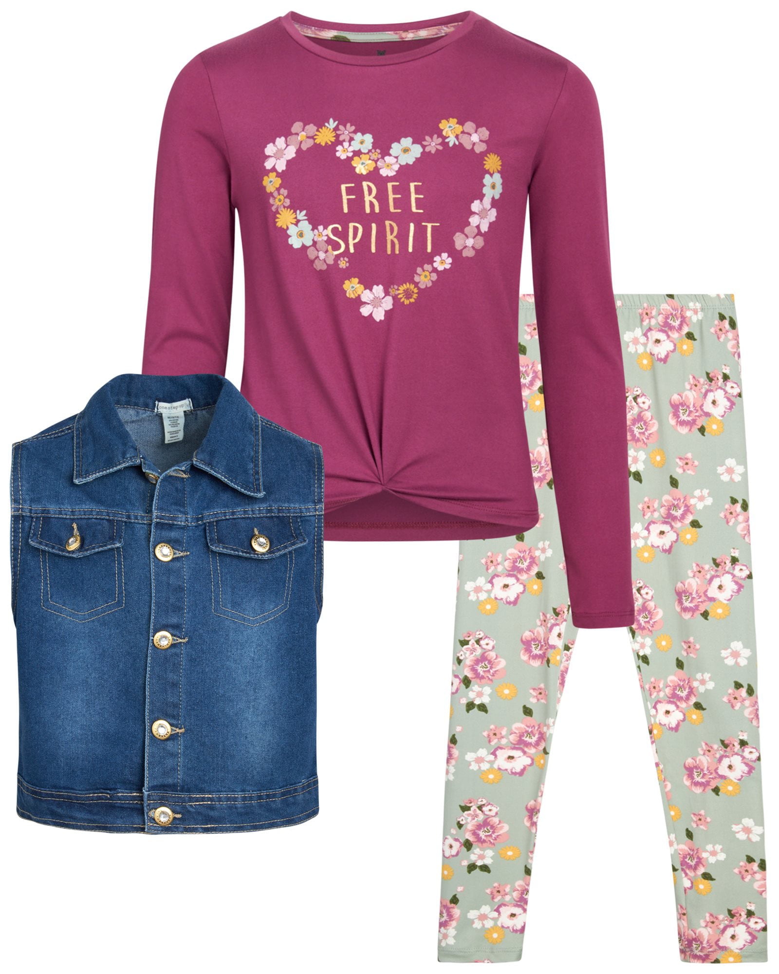 One Step Up Girls' Leggings Set - 3 Piece Denim Jean Vest, Long Sleeve ...