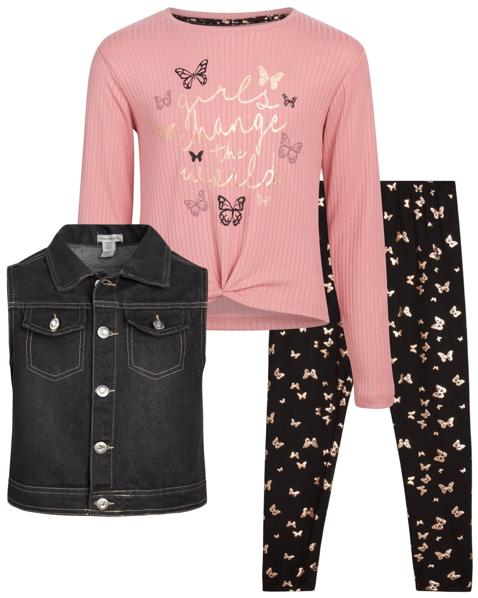 One Step Up Girls' 3 Piece Leggings Set with Denim Vest and Long Sleeve T-Shirt (4-12) - Walmart.com