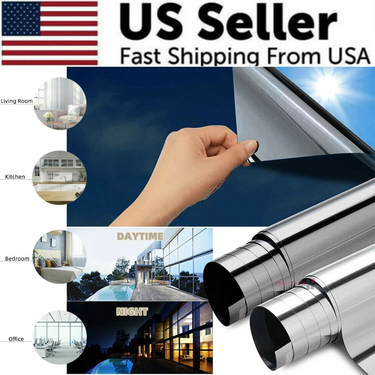 One-Way Mirror Window Film UV Heat Reflective Static Cling Privacy Tint ...