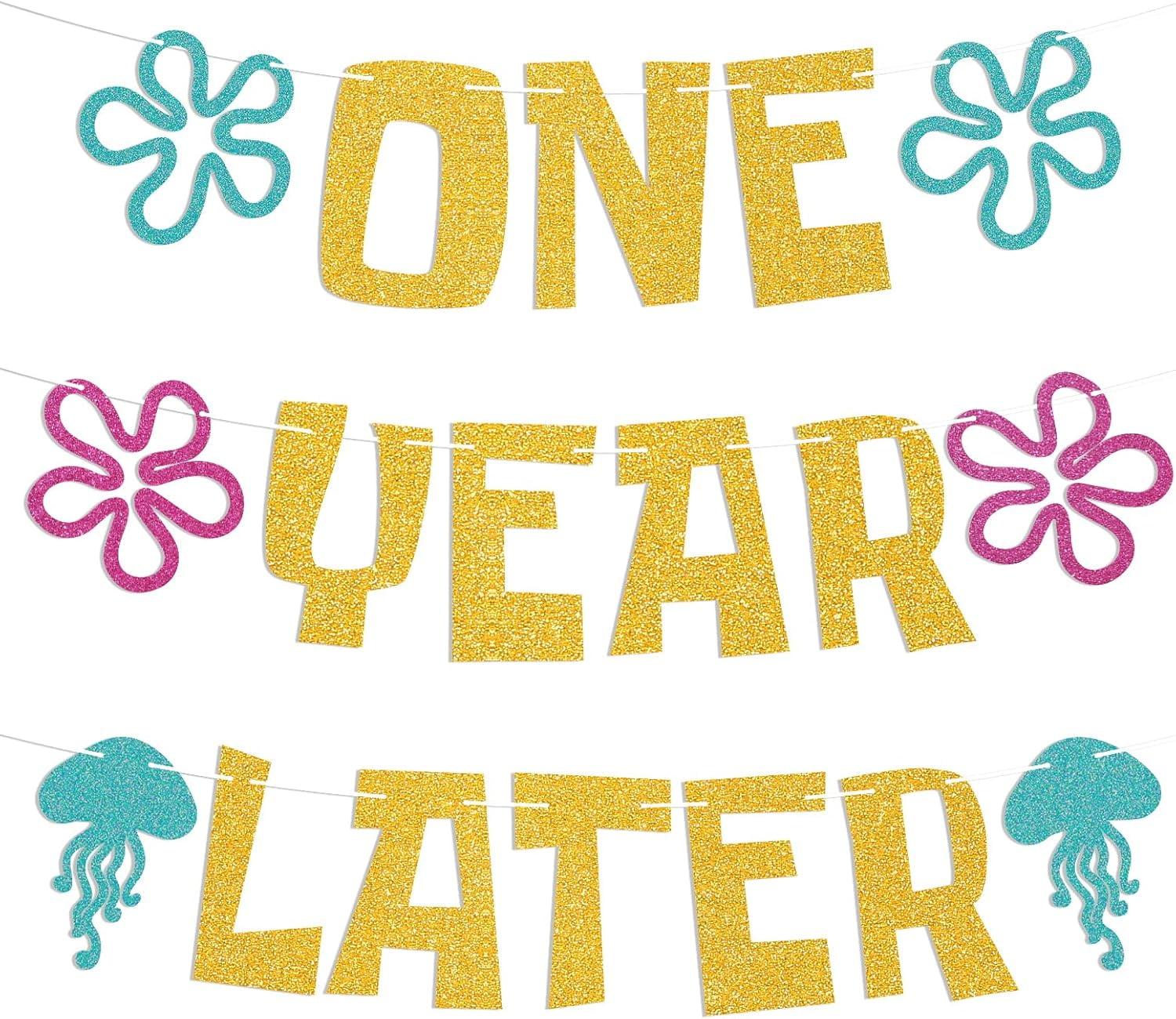 One Year Later Banner - Sea Animals First Birthday Decor, Yellow Sponge ...