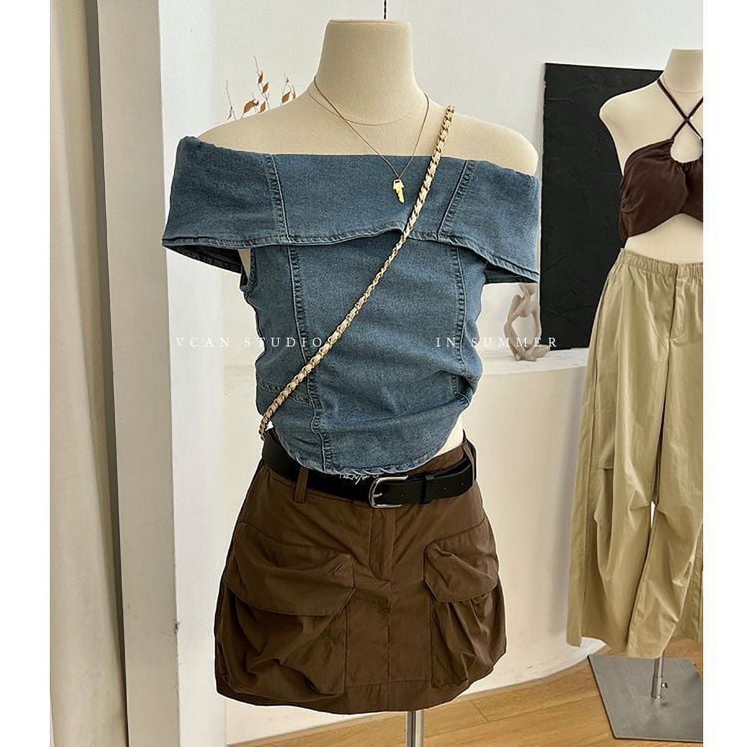 One-line Shoulder Denim Top Short Sleeve Off-the-shoulder Spice Girl ...