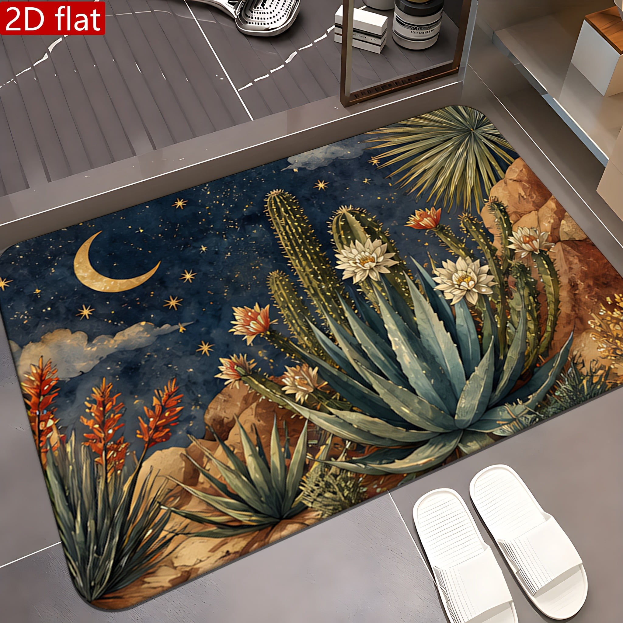 One non-slip bathroom mat with a desert cactus and moonflower pattern ...