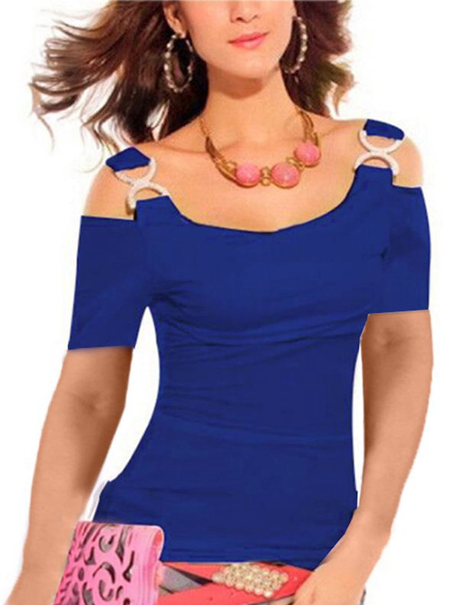 One opening Women Cold Shoulder Short Sleeve Blouse Solid Color Casual ...