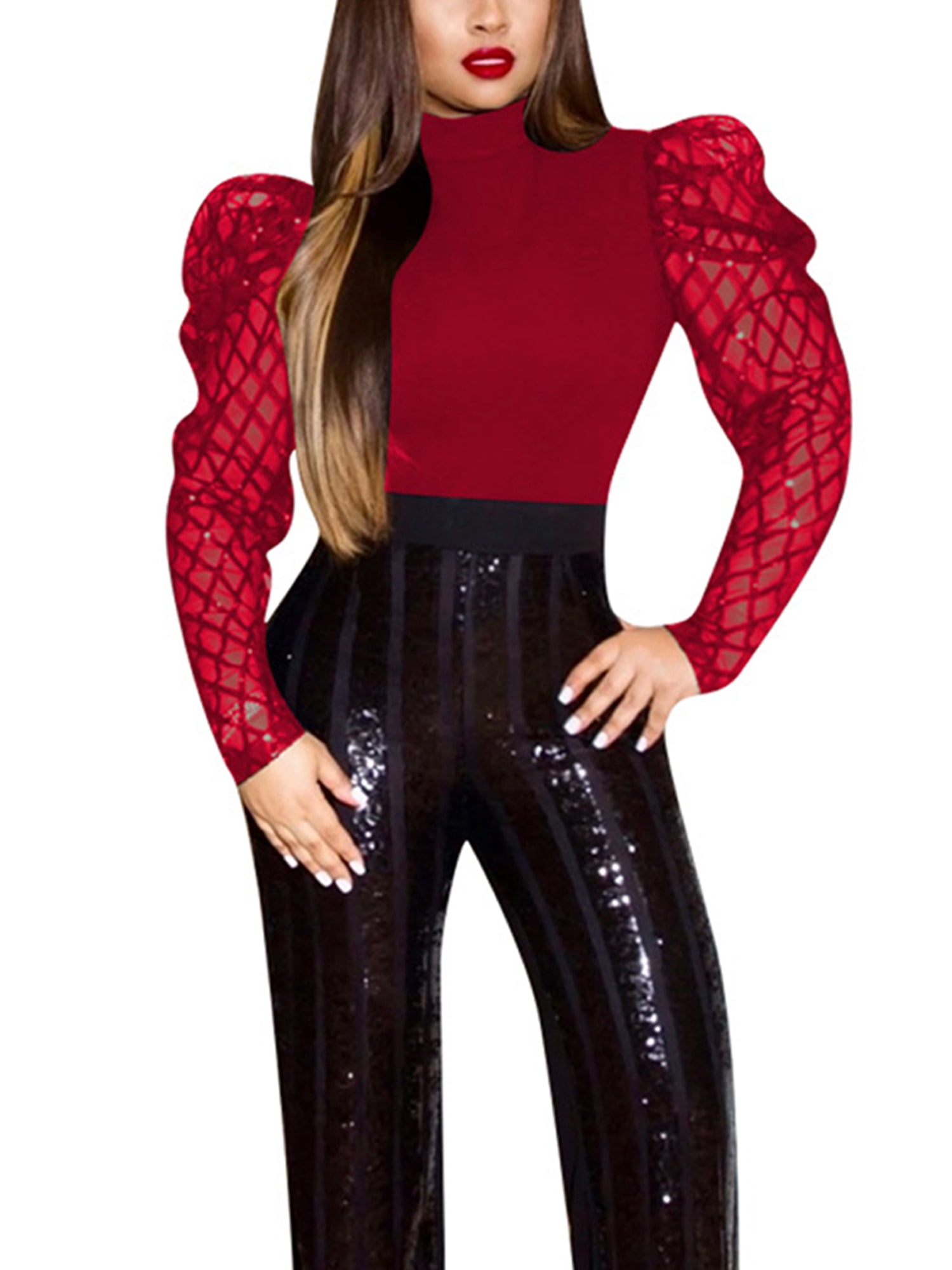 One opening Women's Turtleneck Tops, Sexy Mock Neck Plaid Mesh Long ...