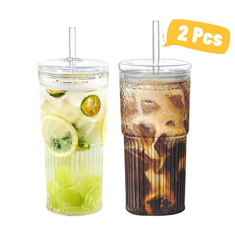 One-piece/two piece- thickened glass cup set with lid and glass straw ...