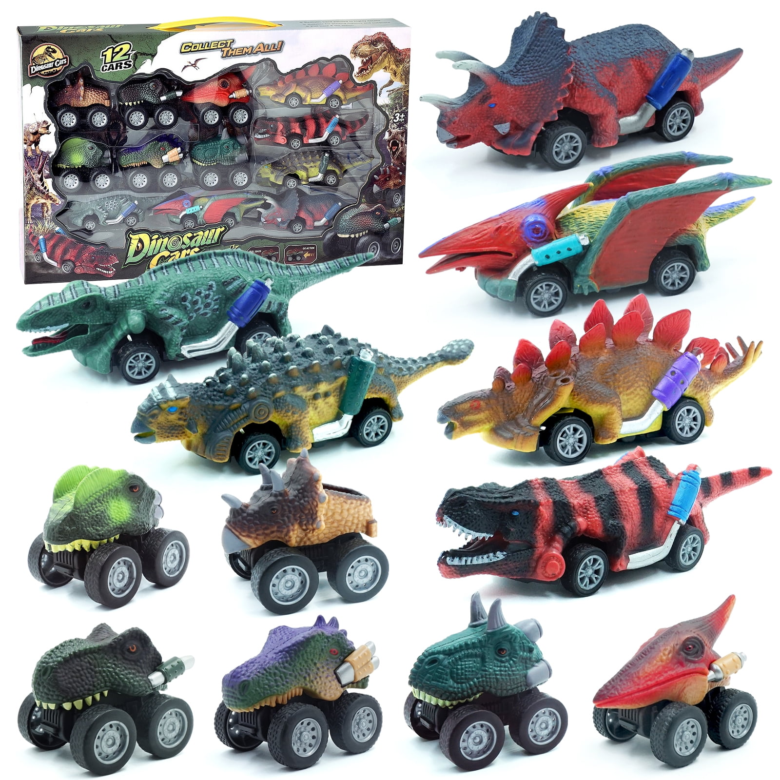 OneAndes Dinosaur Toys 12 Pcs Pull Back Cars Dinosaur Toys Toddler Boy ...