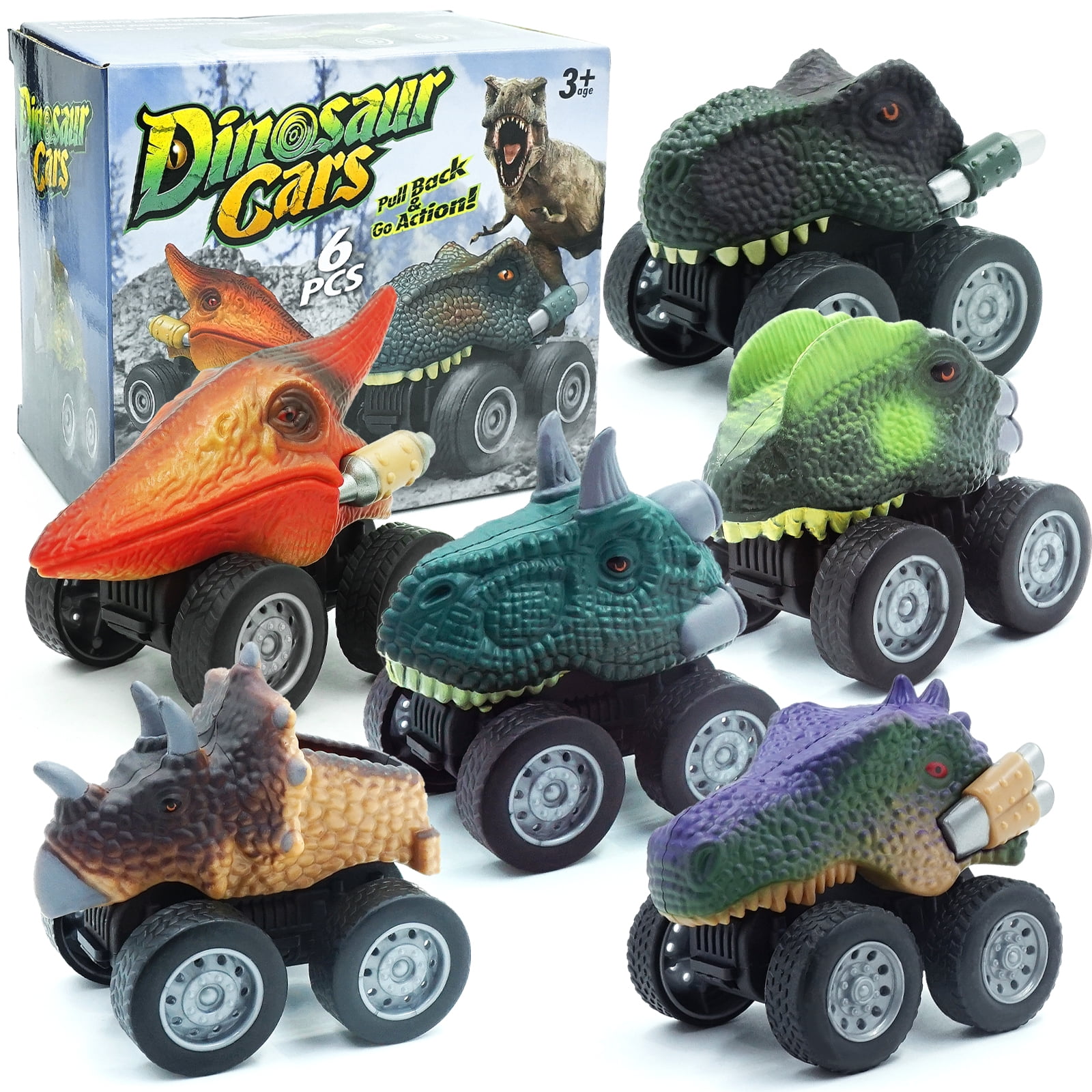 OneAndes Dinosaur Toys for Kids 3-5 Pull Back Cars, 6 Pack Monster ...