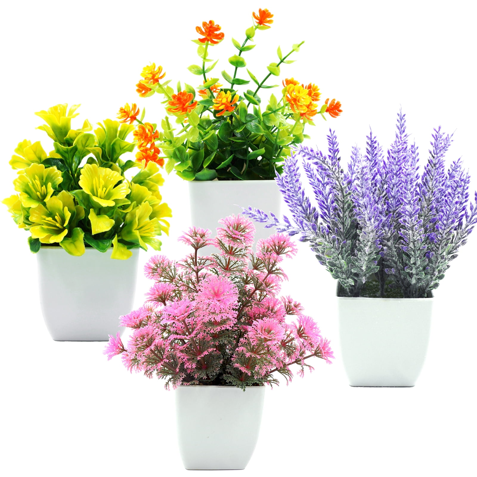 OneAndes Fake Potted Plants - Set of 4 Artificial Potted Flowers Faux ...