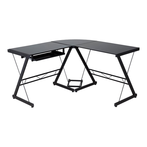 OneSpace Ultramodern Glass L-Shape Desk, Black, with CPU Stand and ...