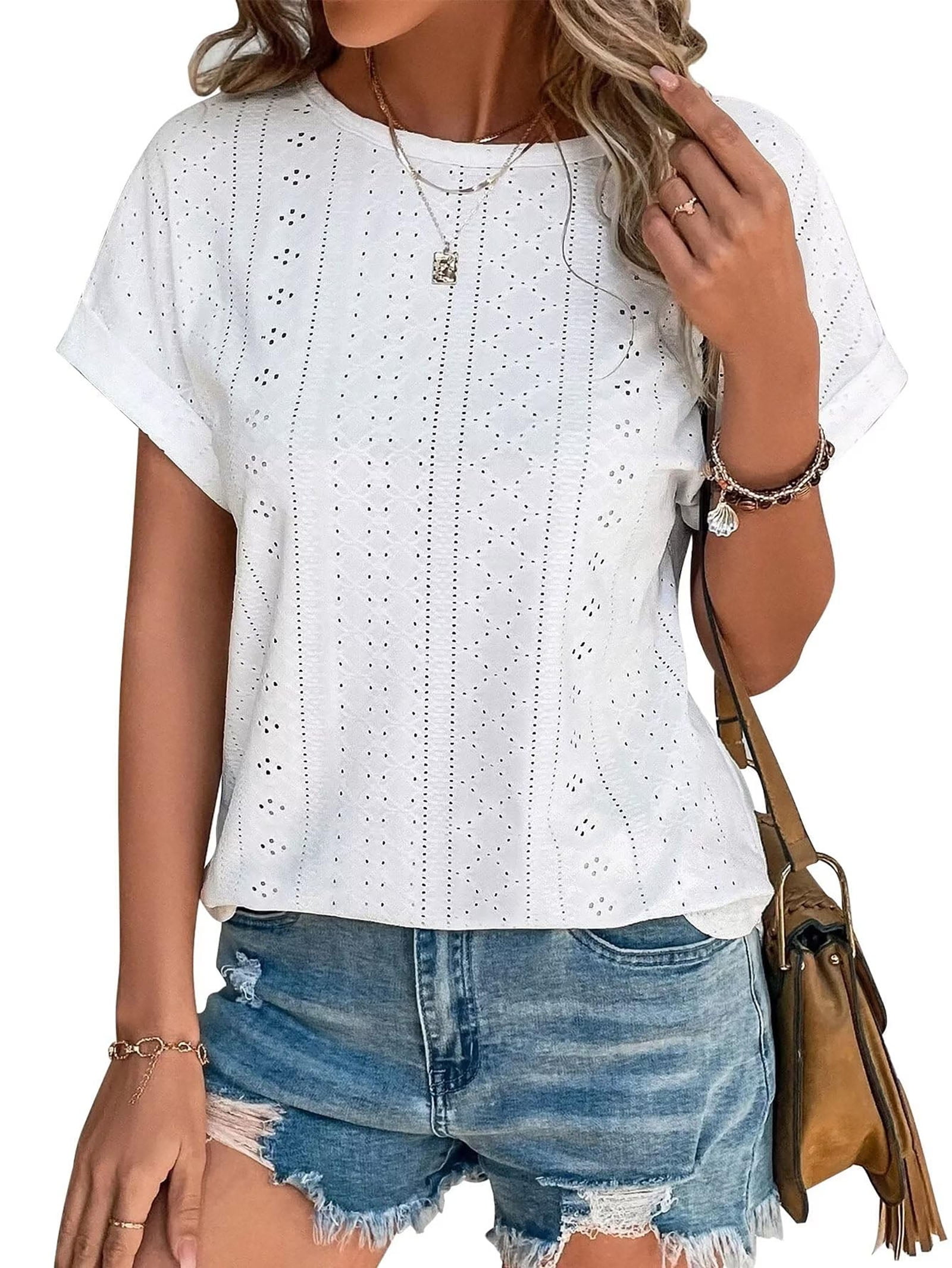 OneWhoYoung Women Eyelet Embroidery T-Shirt Summer Fashion Clothes ...