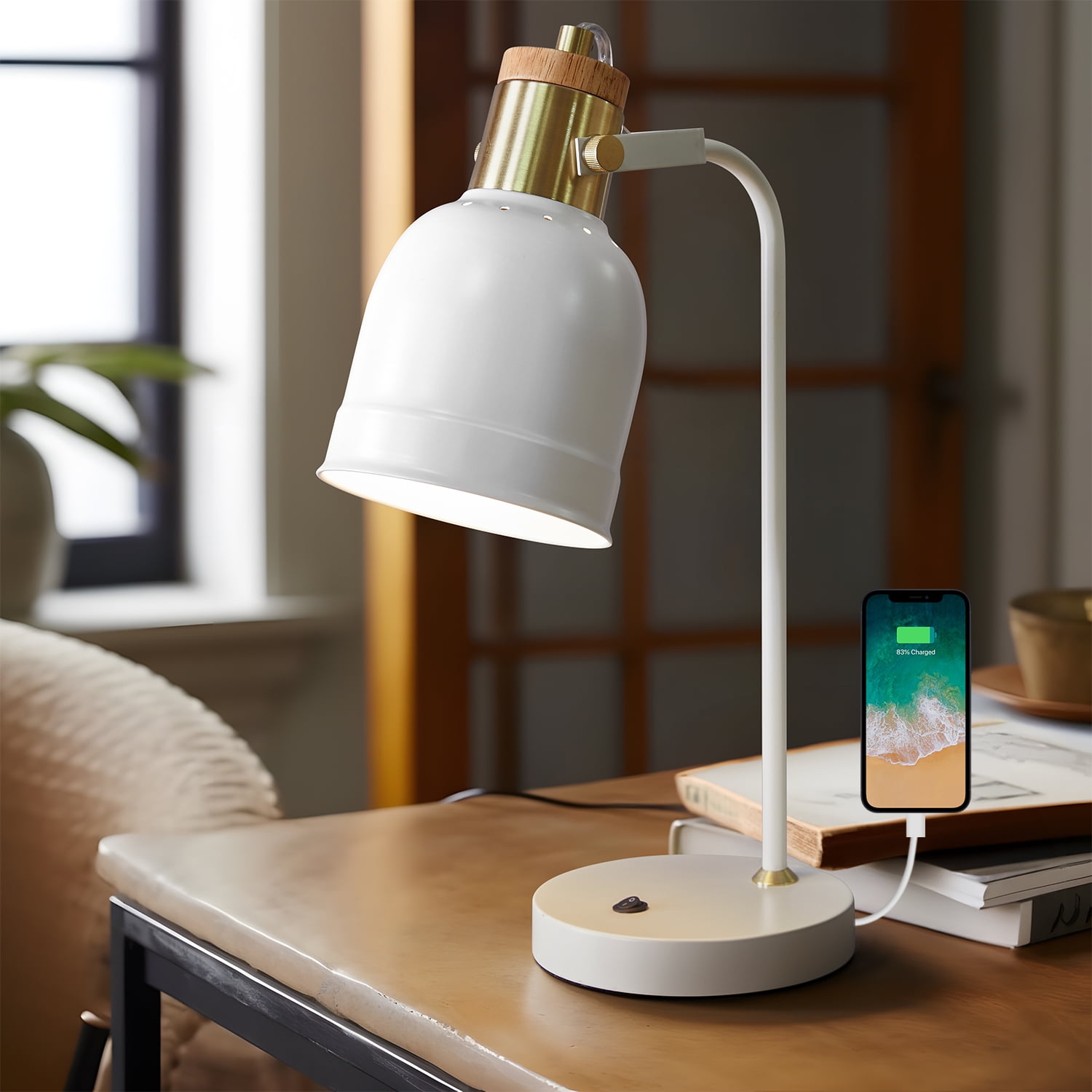 Oneach 17" Modern Metal Desk Lamp with USB Port, White Table Lamp for ...