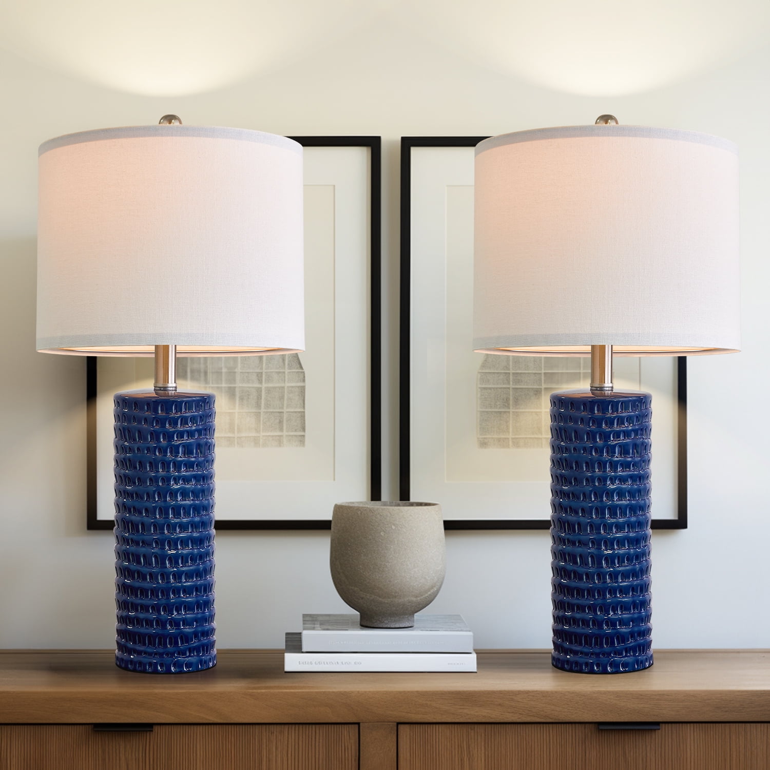 Oneach 24.75" Modern Ceramic Table Lamps Set of 2, Blue Bedside Lamps ...