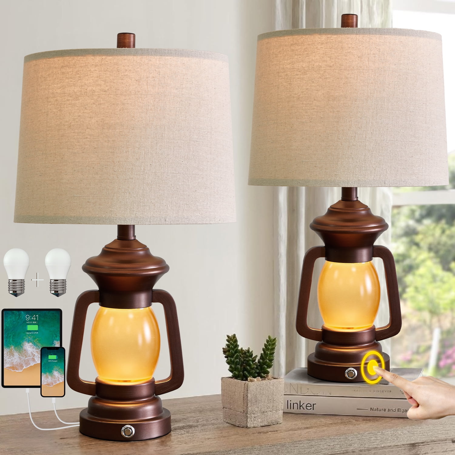 Oneach 3 Way Dimmable Amber Metal Table Lamp Set of 2 with USBC+A, 21. ...