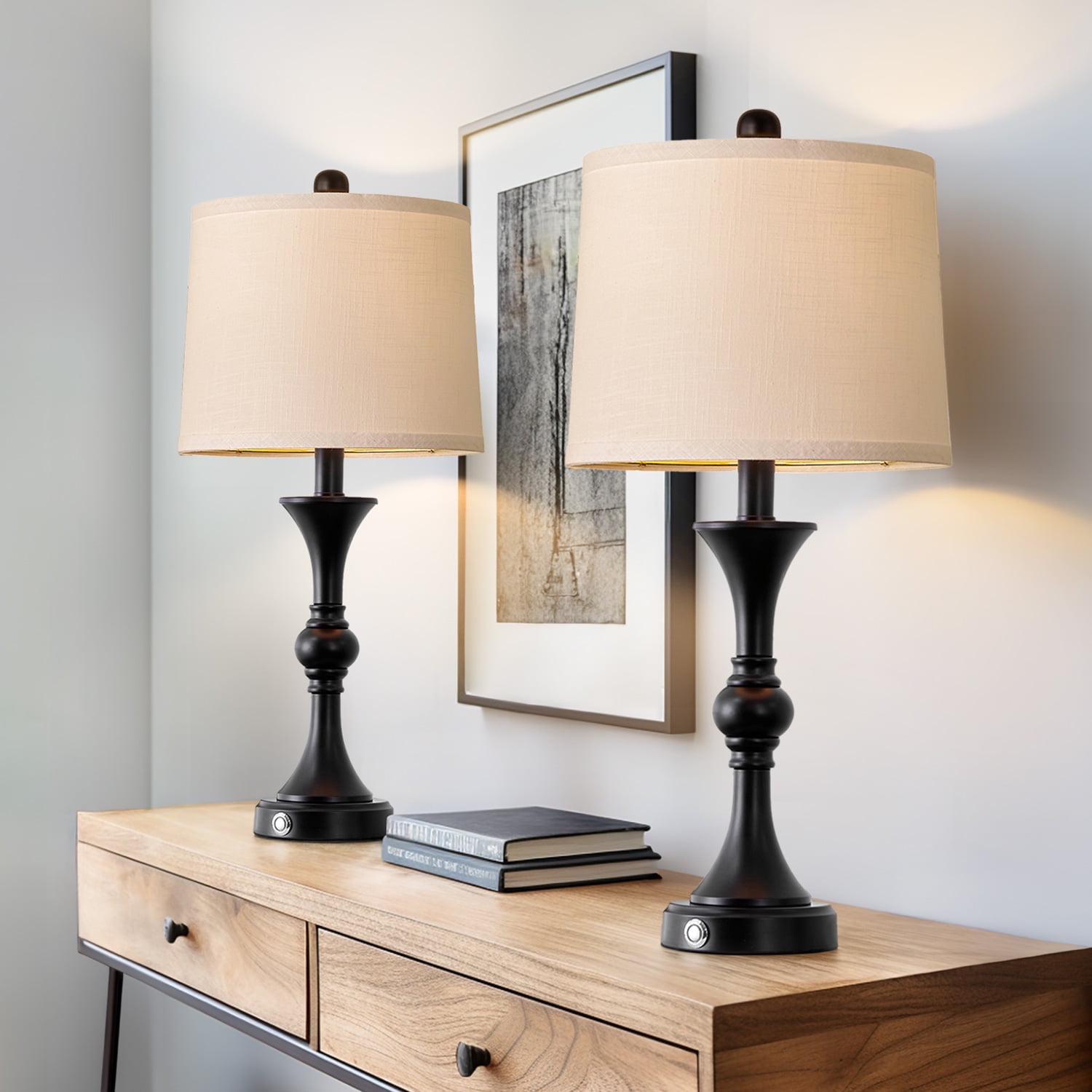 Oneach Modern Black Table Lamp Set of 2 with USBA+C, 21.75" 3 Way Metal ...