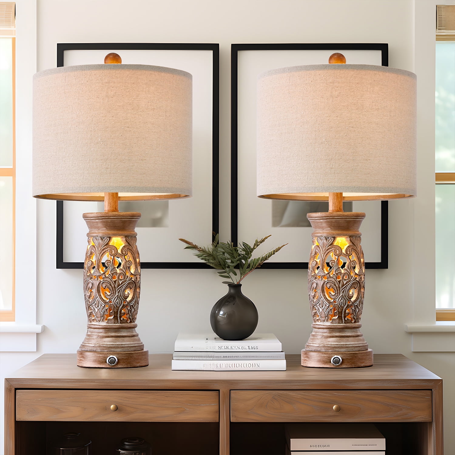 Oneach 3 Way Dimmable Resin Table Lamp Set of 2 with USB Ports for ...