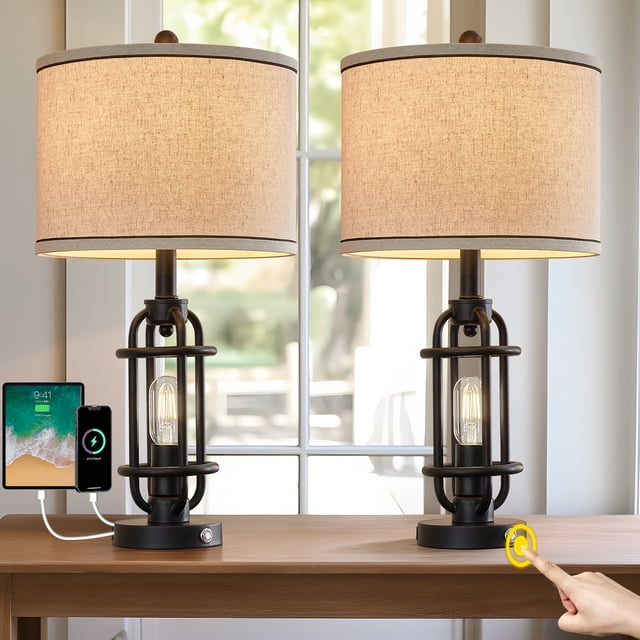 Oneach 3 Way Dimmable Table Lamp Set of 2 with USB Ports 23.75" Metal ...