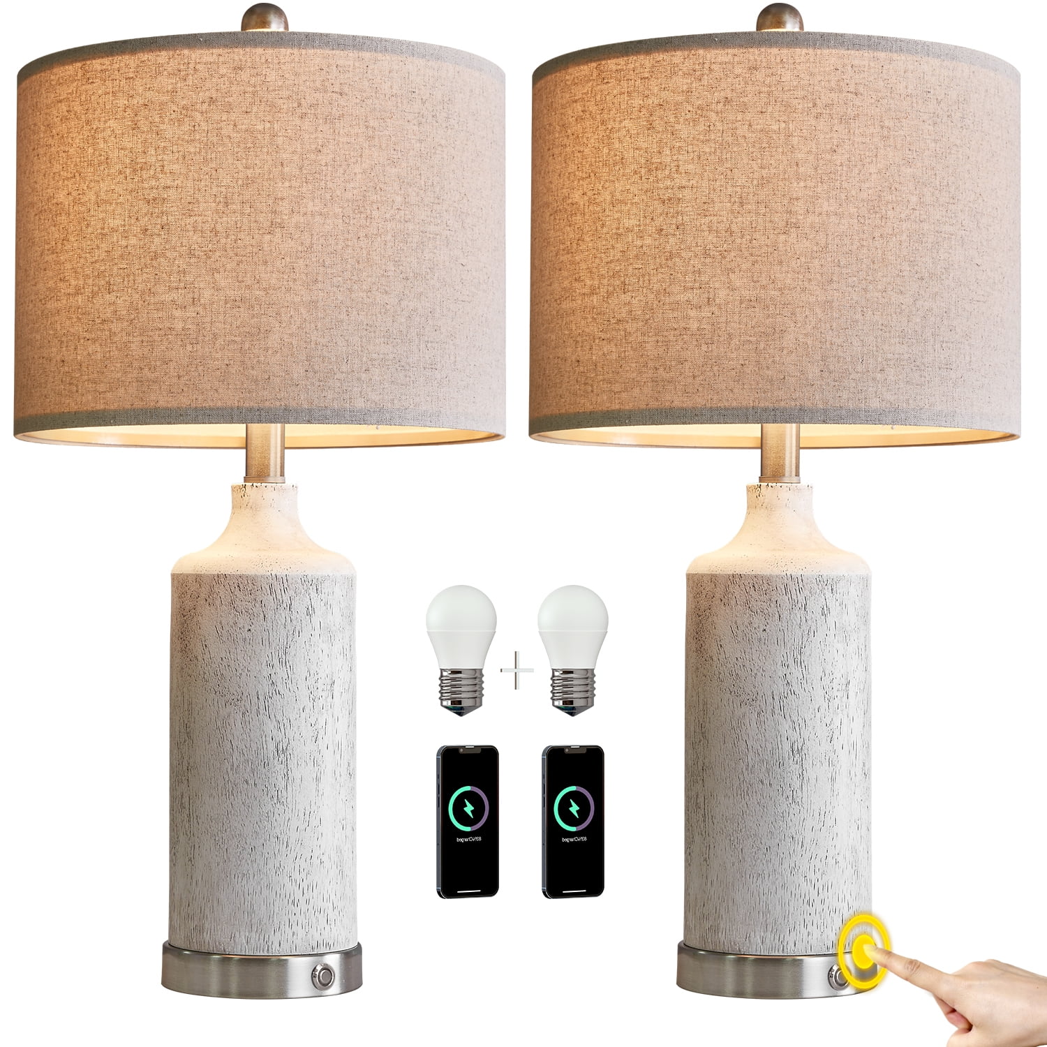 Oneach 3 Way Dimmable Table Lamp Set of 2 with USBC+A, 24" Resin ...