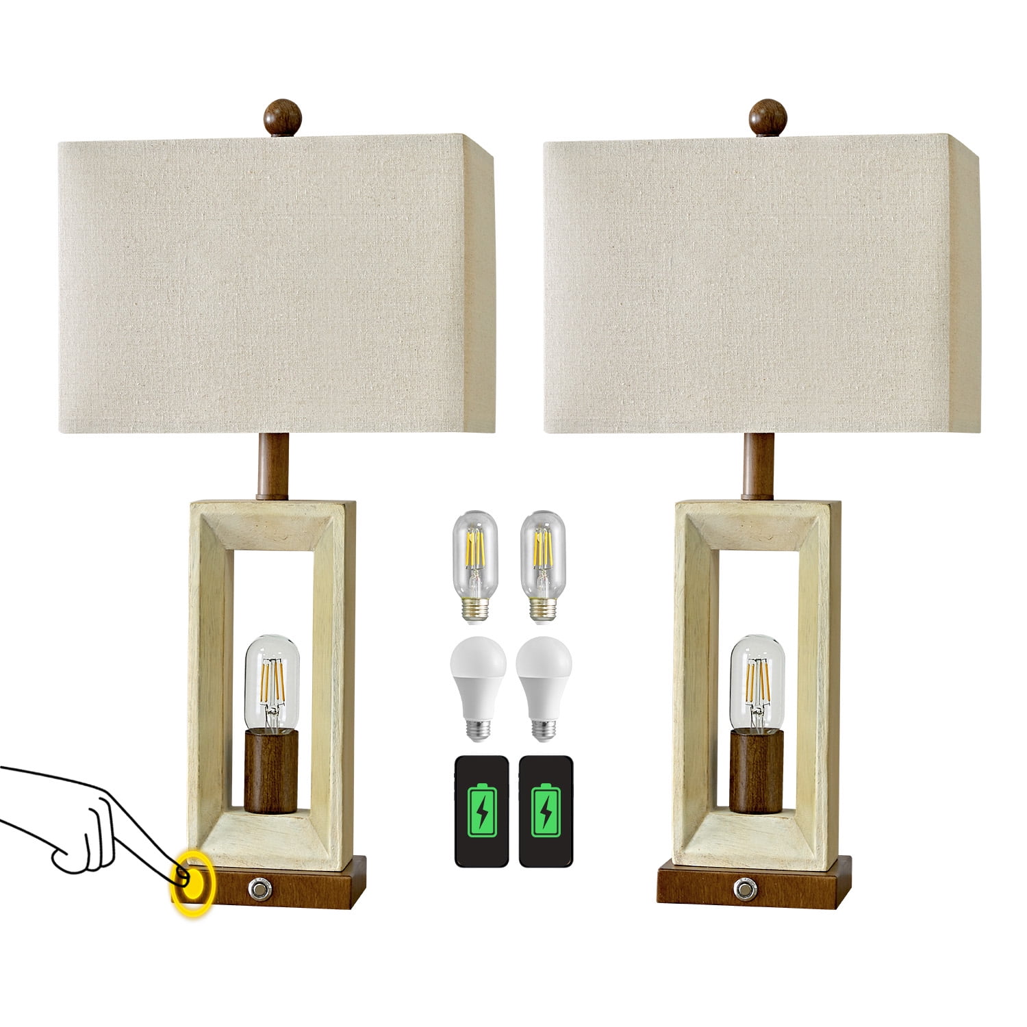 Oneach 3 Way Dimmable Touch Table Lamp Set of 2 with USB Ports 25 ...