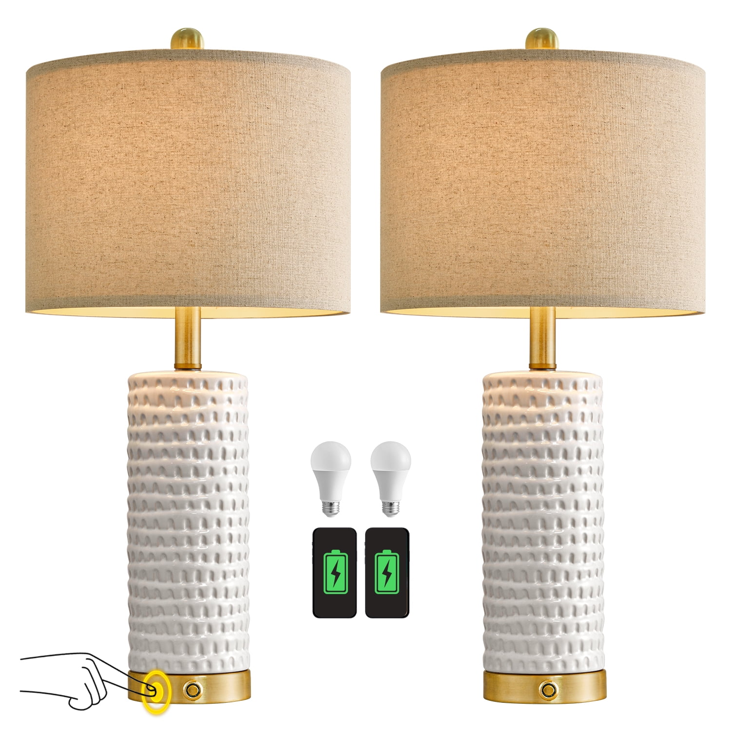 Oneach 3 Way Dimmable White Table Lamp Set of 2 with USBC+A, 24 ...