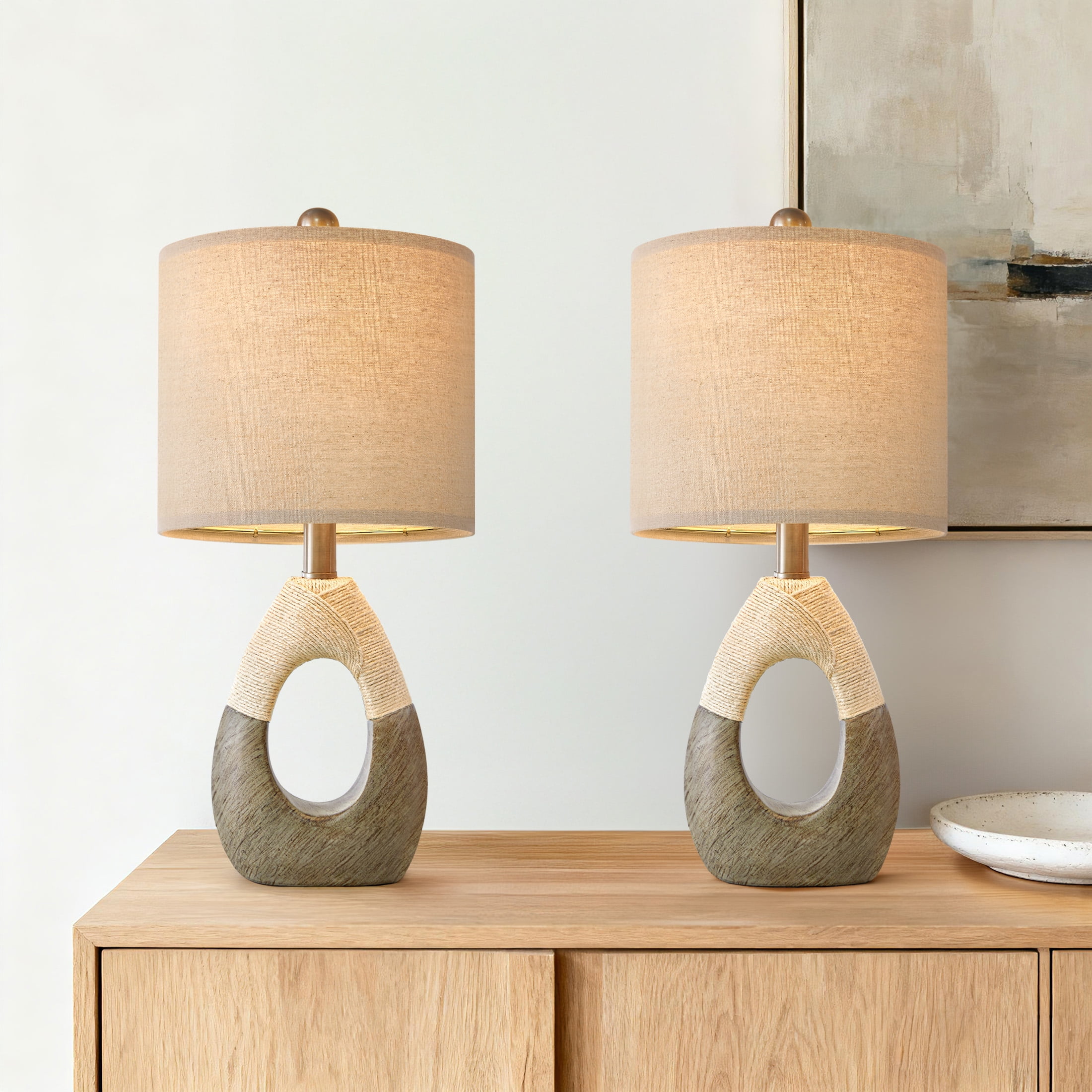 Oneach Cement Gray Boho Table Lamp Set of 2, 19.5" Resin Bedside Lamps ...