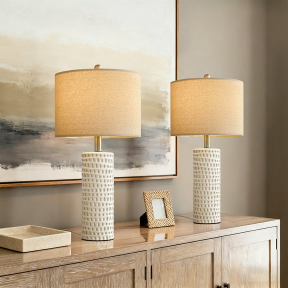 23" Set of 2 White Ceramic Pot Table Lamp, Bedside USB Lamps for Living ...